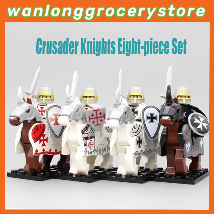 8PCS Crusader Knight Building Blocks 4 Knights + 4 Horses Corps Combat ...