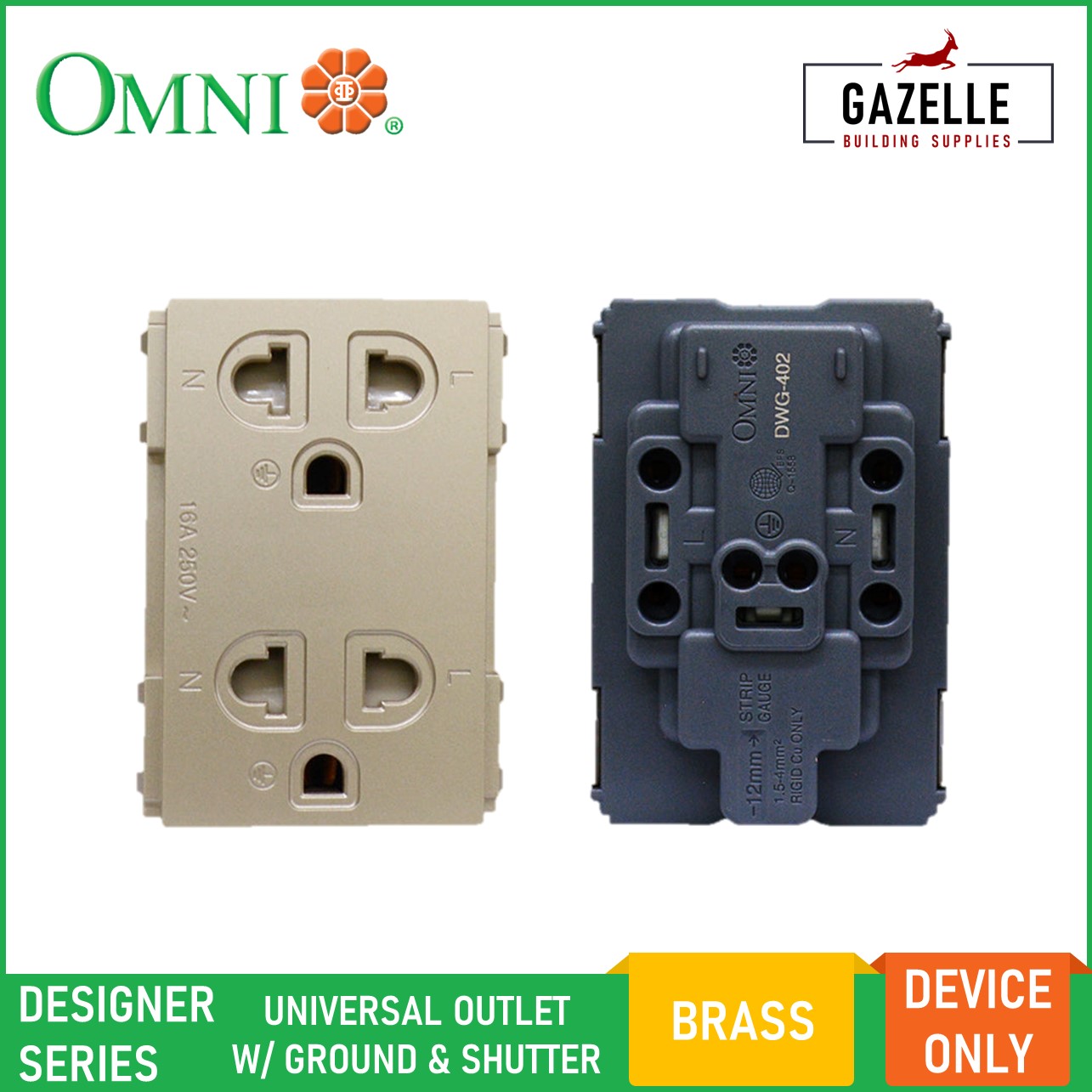 Omni Designer Series Duplex Universal Outlet w/ Ground & Shutter Brass ...