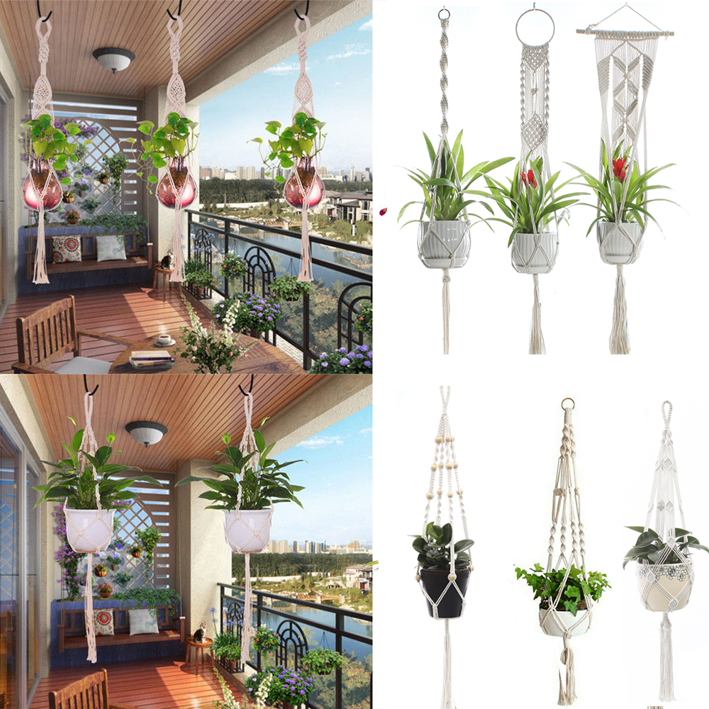 Indoor Knotted Home Decor Macrame Hanging Basket Flower Pot Holder ...