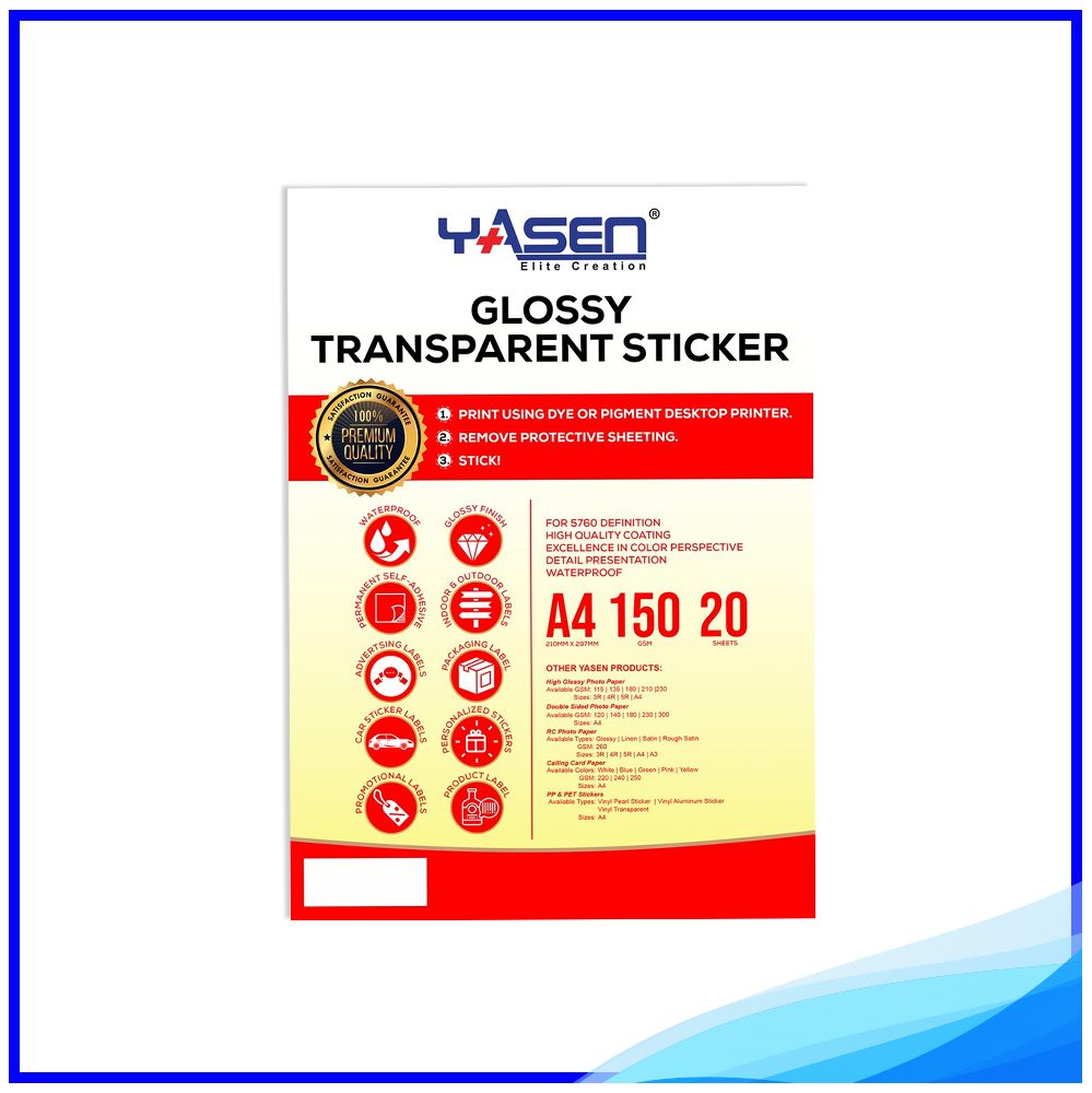 Yasen Printable Vinyl Sticker ( A4 / A3 Size, Glossy, 150gsm, 20 Sheets ...