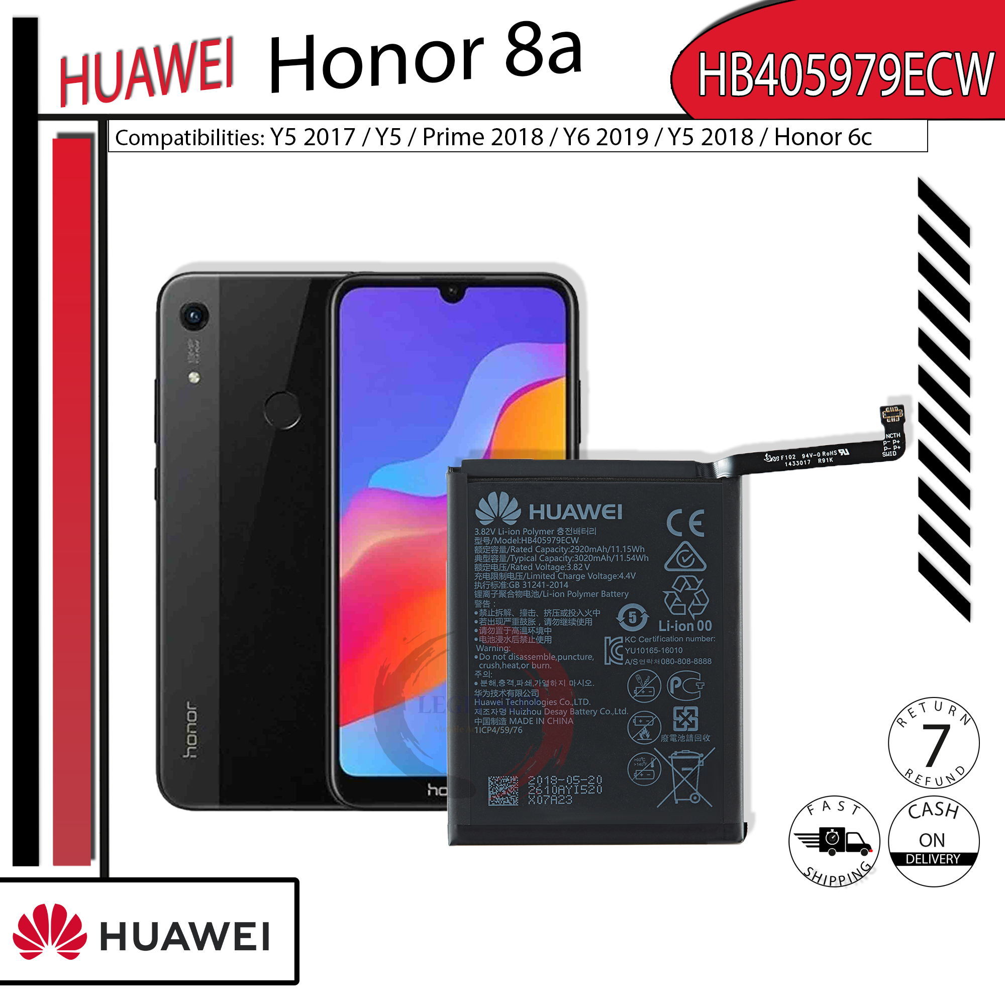 Huawei Honor 8a Battery Model: HB405979ECW (3020mAh) Original Equipment ...
