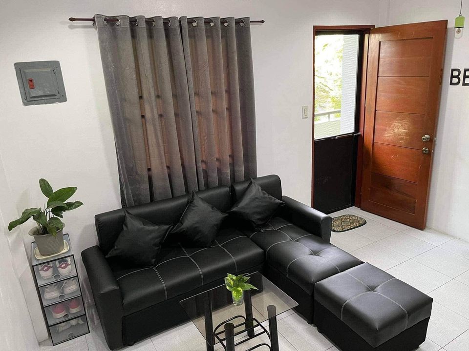 sala set L shape black leather sofa with glass table uratex foam cod ...