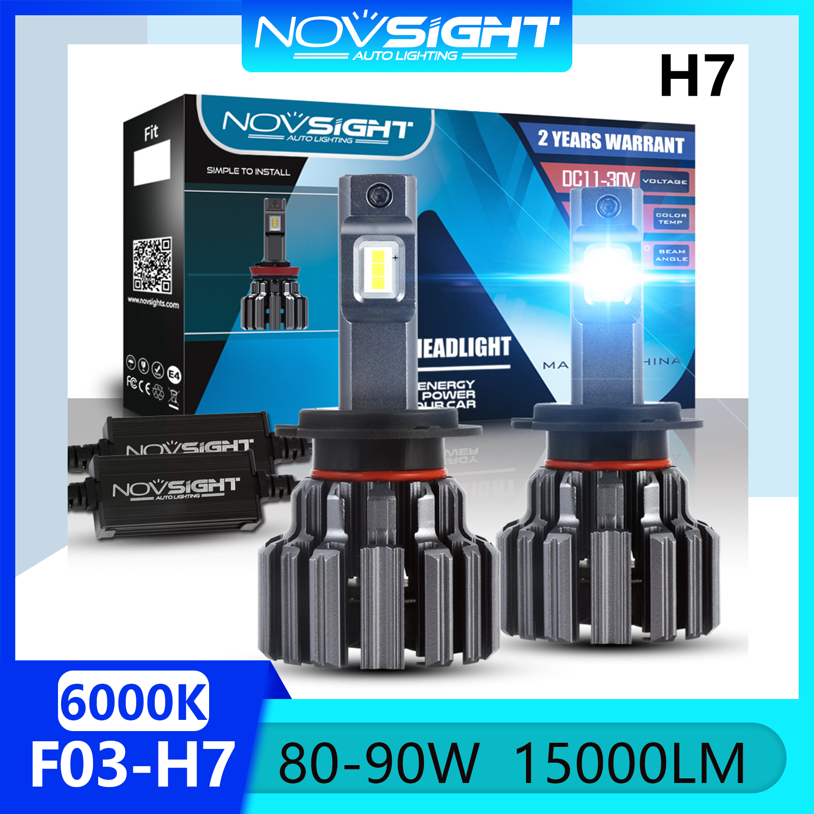 Novsight F03 H7 LED Headlight Bulb Kit 80W 15000LM 6000K White Super Bright LED Lights for Car ...