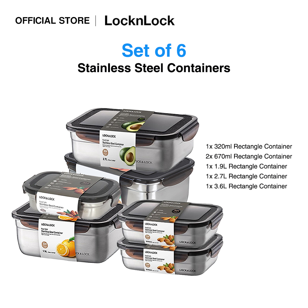 LocknLock Set of 6 Stainless Steel Food Containers | Airtight, Leak ...