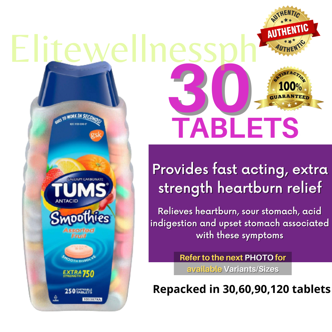 30 Tablets- TUMS Smoothies Assorted Fruit Antacid Chewable Tablets for ...