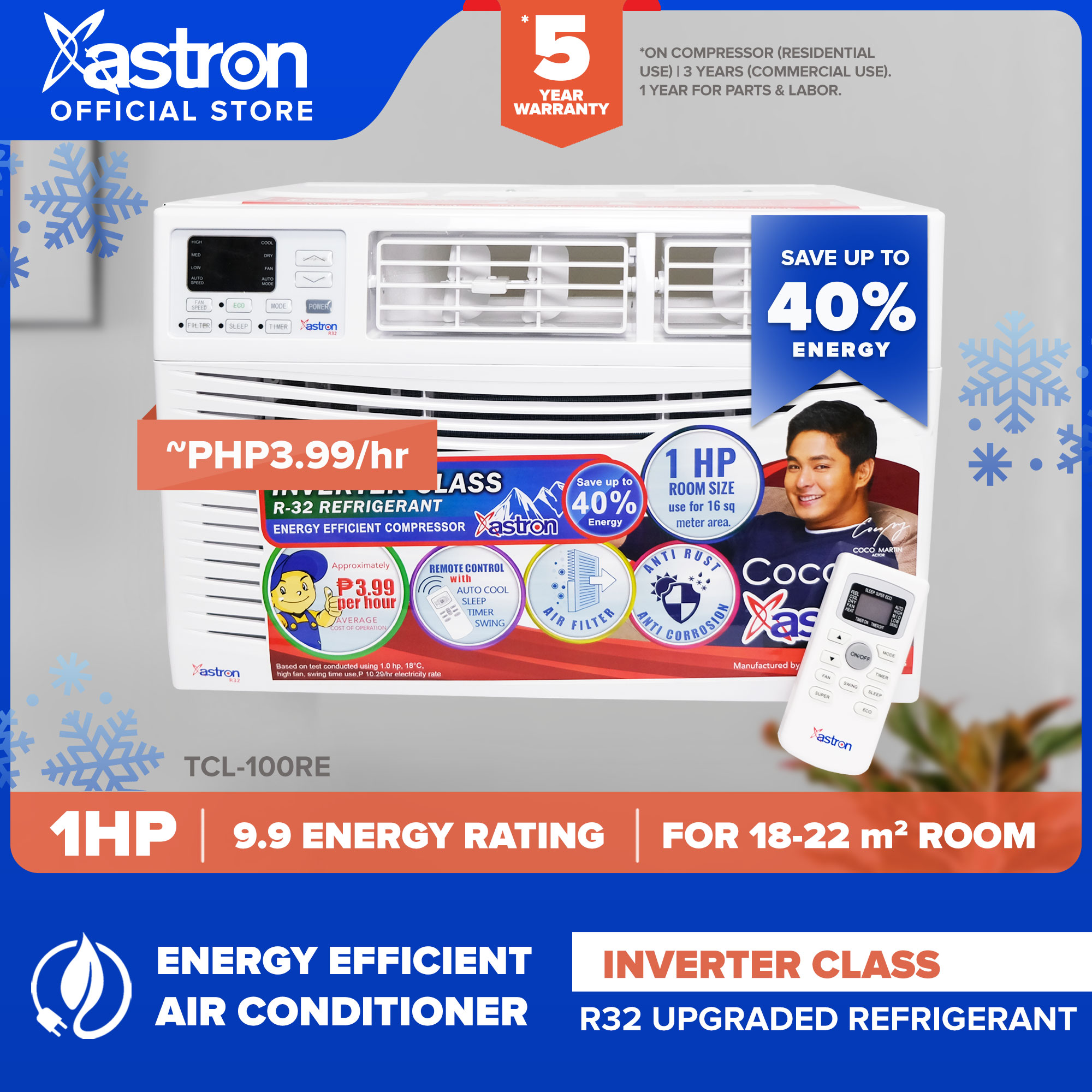 Astron Inverter Class 1 HP Aircon with remote (window-type air conditioner TCL-100RE built-in ...