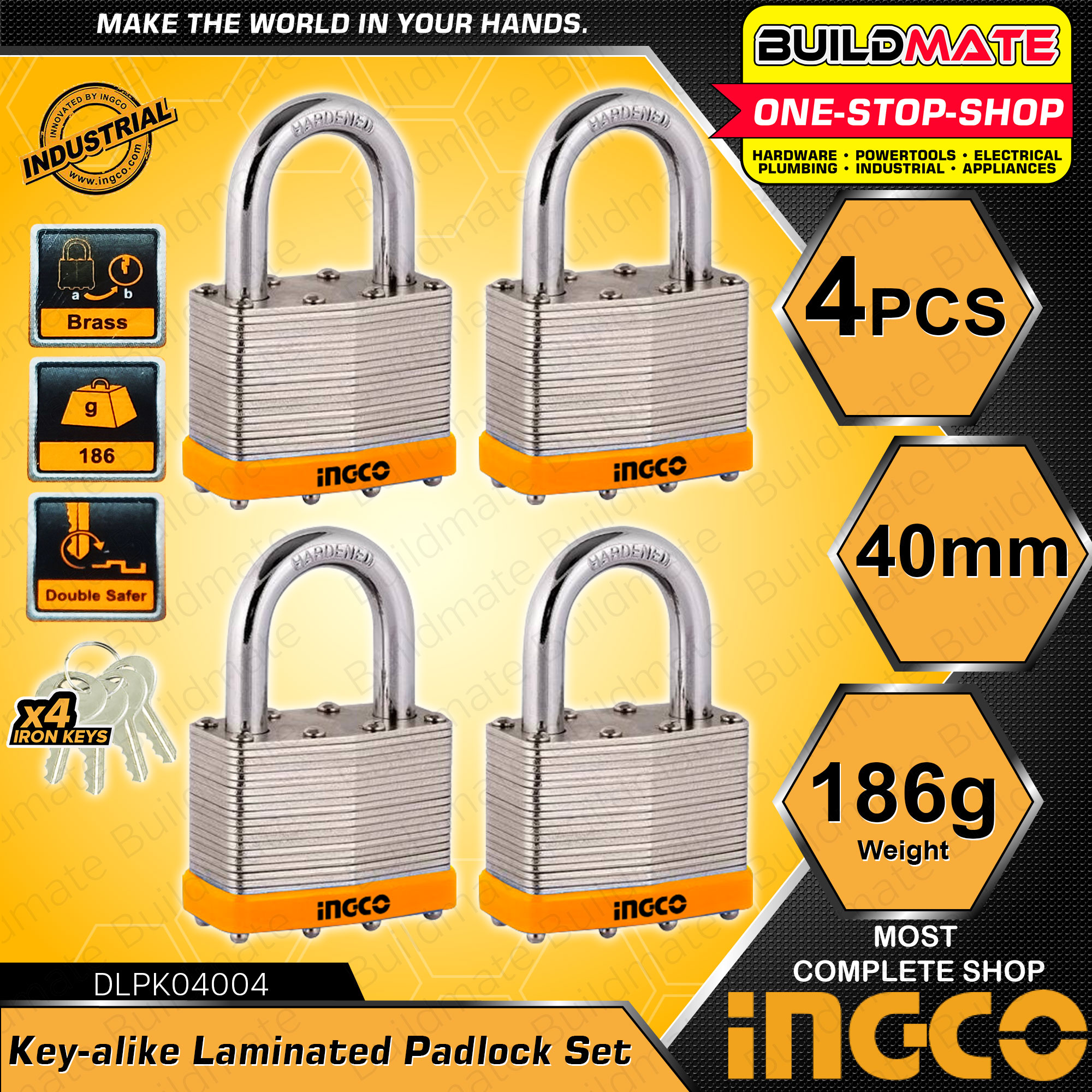 BUILDMATE Ingco 4PCS Key Alike Laminated Padlock 40MM | 50MM Laminate ...