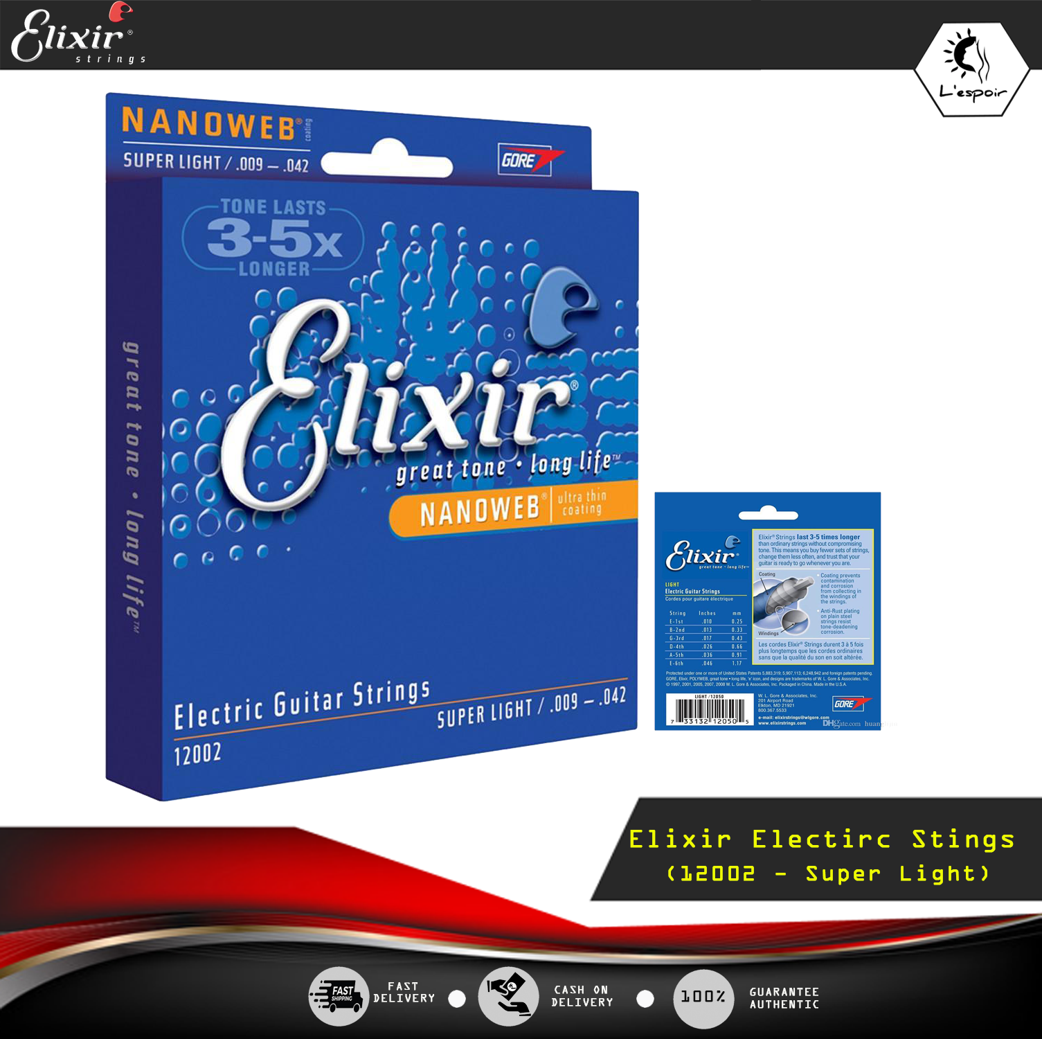 Elixir Strings Electric Guitar Strings w/ NANOWEB Coating, Light (.010 ...