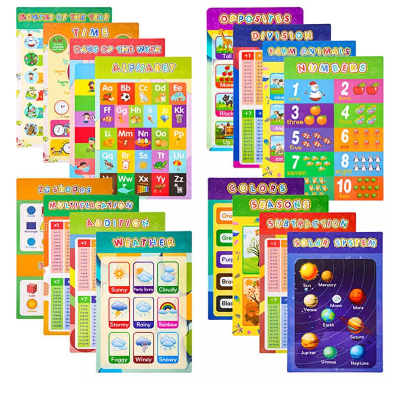 16pcs chart for kid educational set English Alphabet Numbers Colors ...