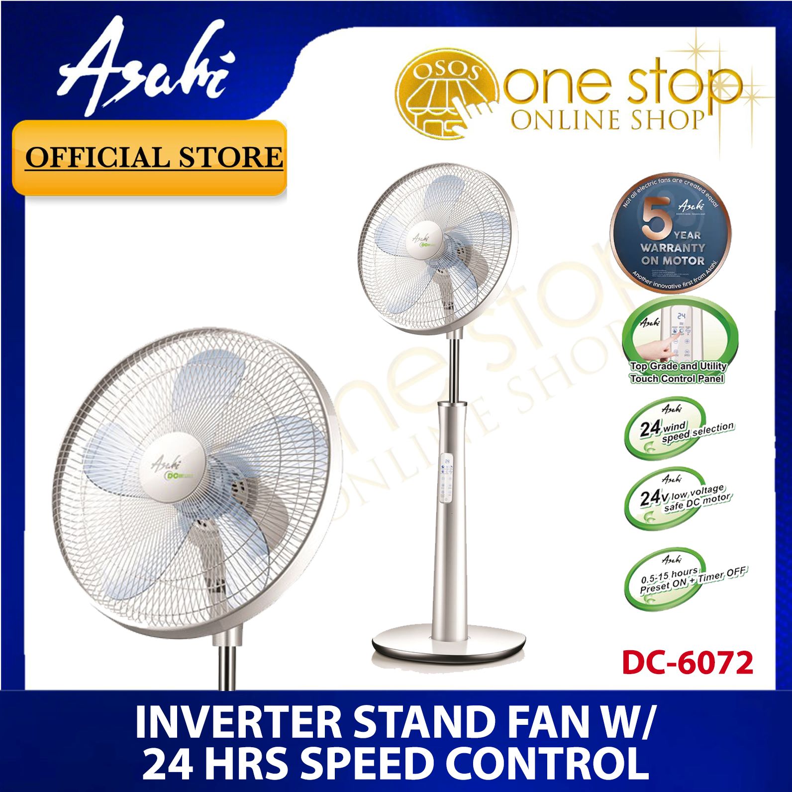 Asahi Original Inverter Stand Fan with 24 Speeds Control and LED ...