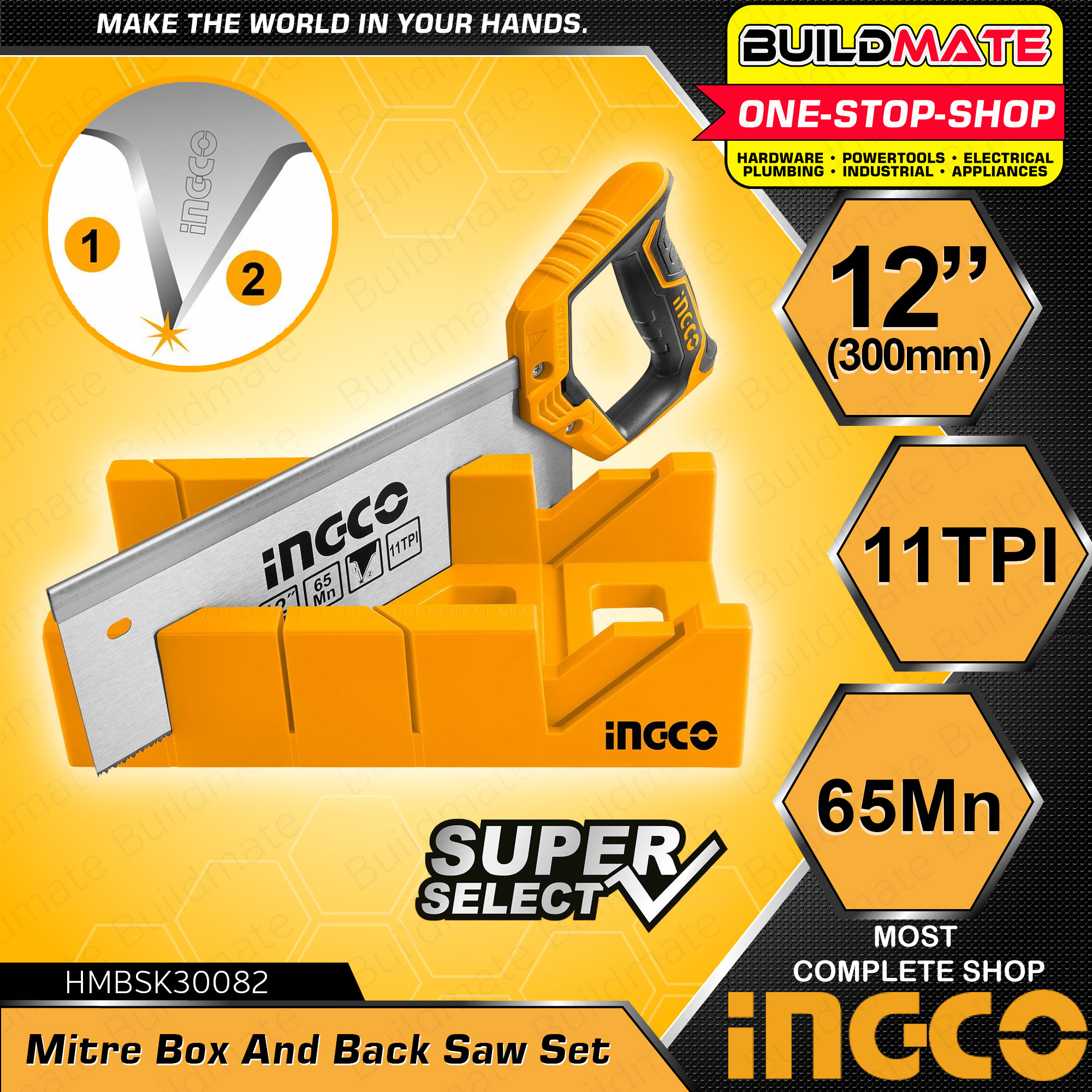 INGCO Miter Box And Back Saw Set 12" Inch 11TPI Wood Cutting Clamping ...