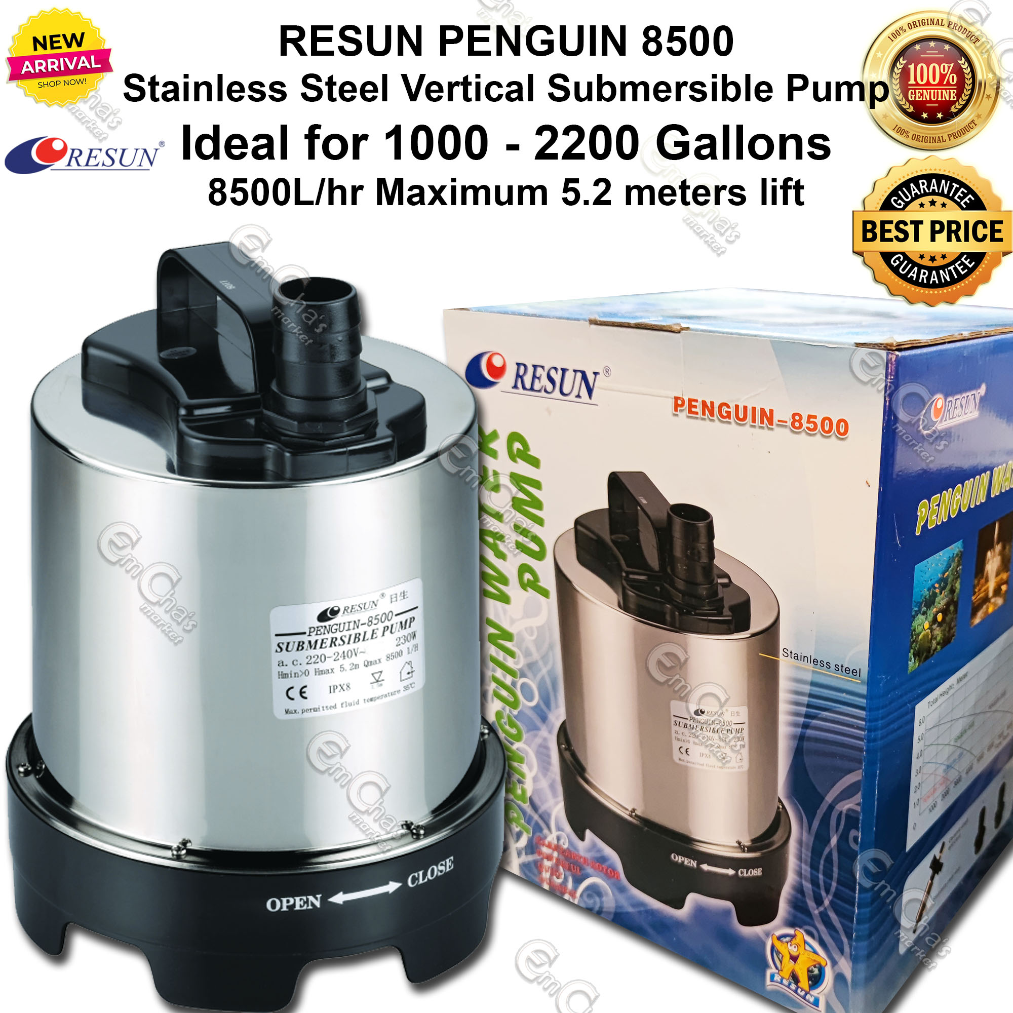 Resun Penguin 8500 8500L/hr Vertical Pump for 1000-2200 Gallons (pnd) (1000gl) (2000gl) Pond ...