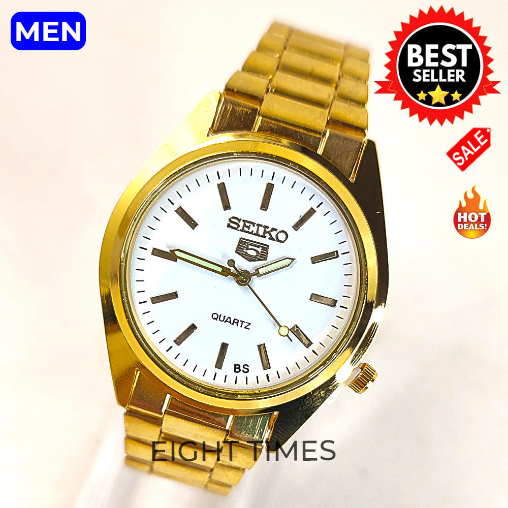 Seiko 5 Quartz Gold White Dial Stainless Steel Watch for Men | Lazada PH