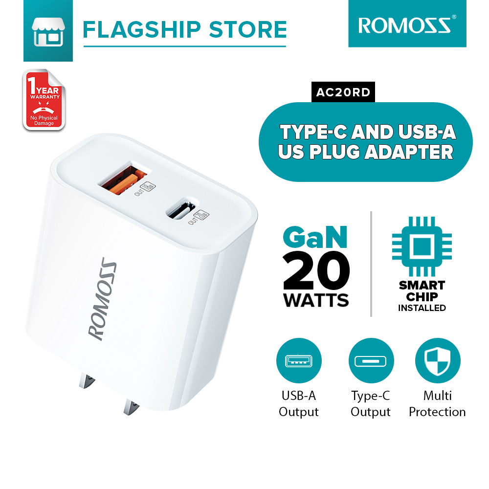 Romoss AC20RD USB A + USB C Wall Charger PD 20W US Plug Adapter Quick ...