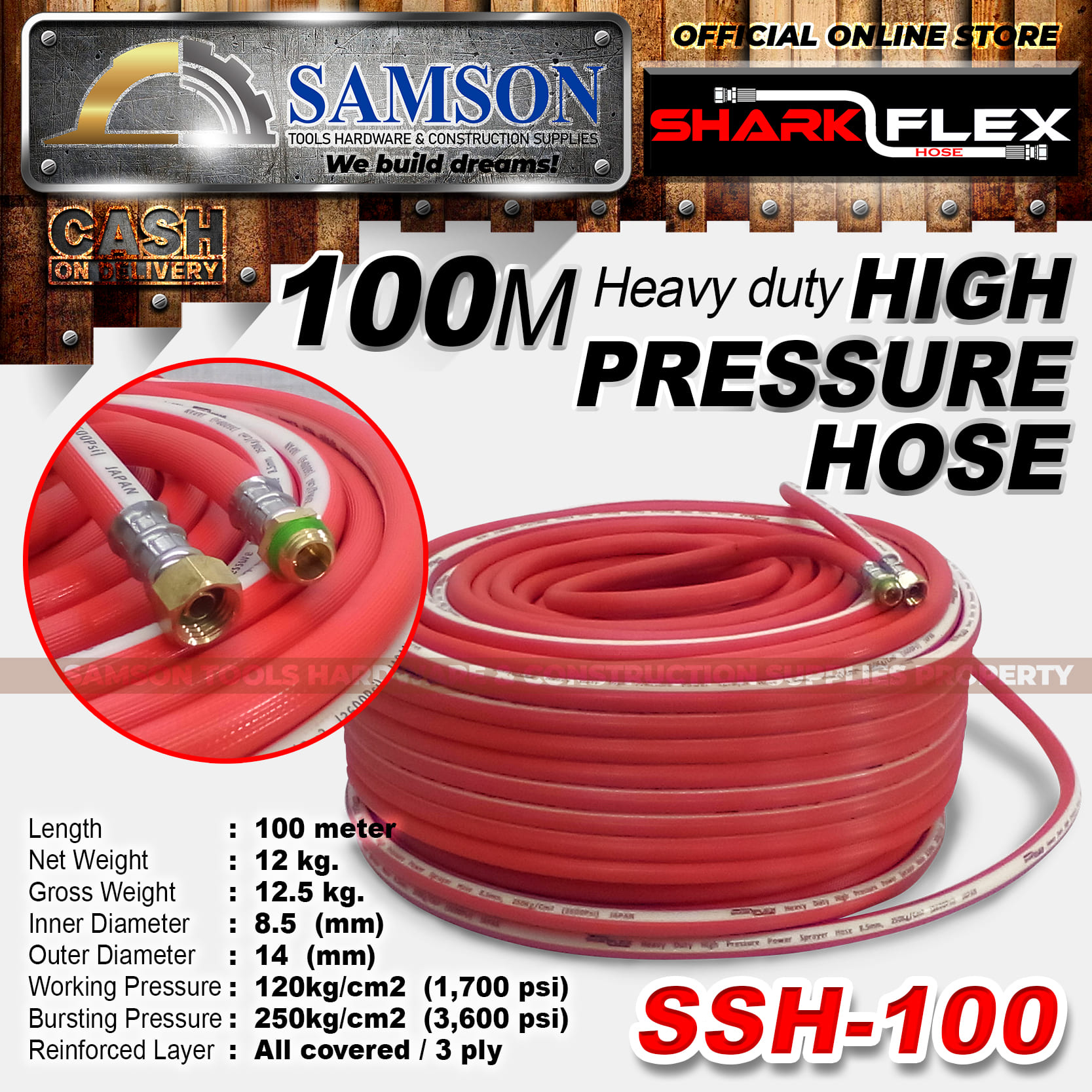SHARKFLEX 8.5mm (50M / 100M) 3600psi 250kg Heavy Duty High Pressure ...