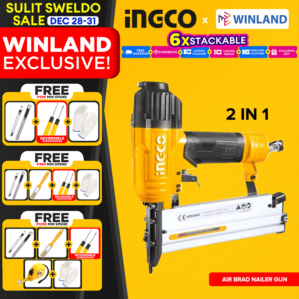 INGCO by Winland 2 in 1 Combo Air Brad Nailer Gun with 1200pcs ...