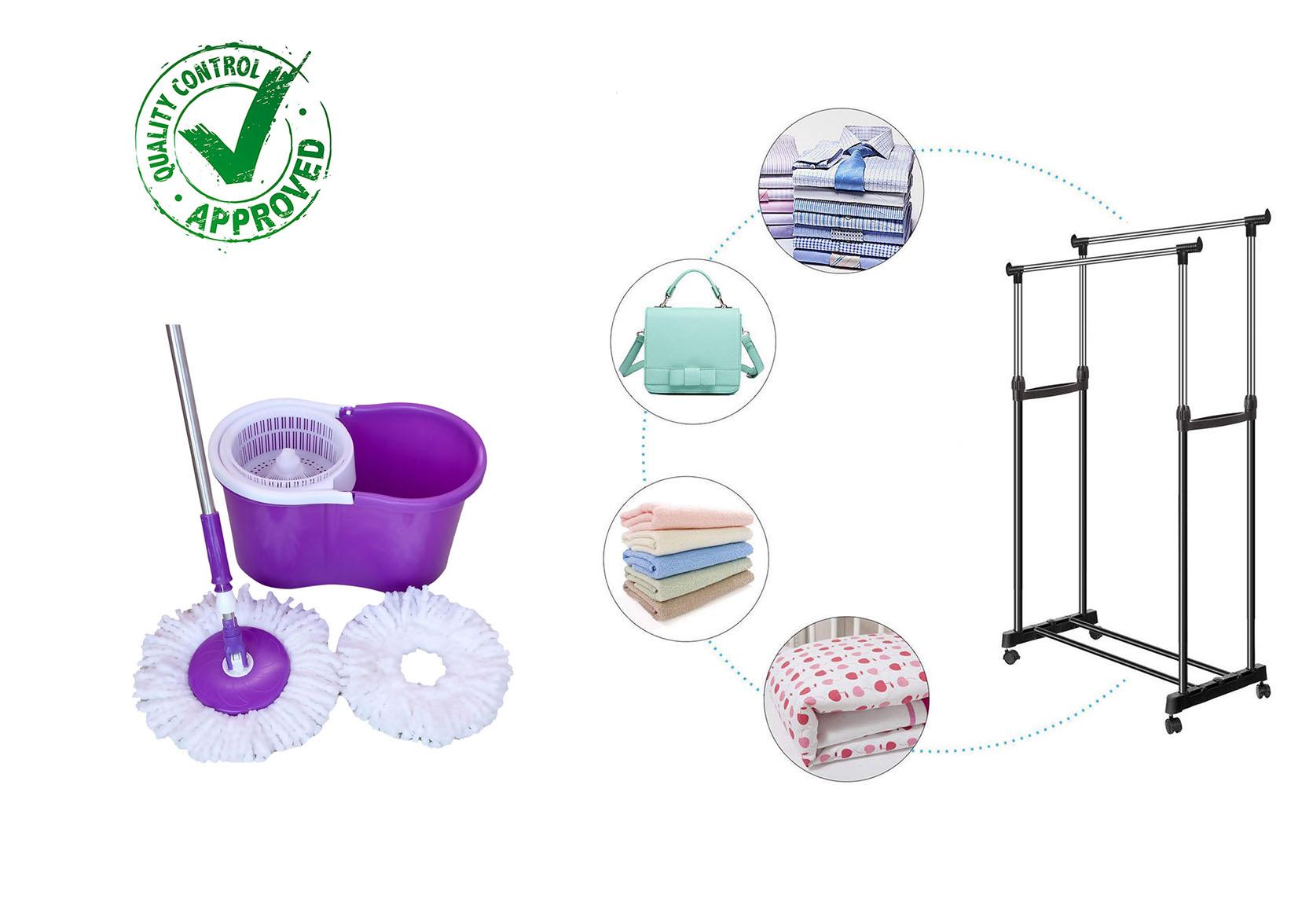 360° Rotating Head Easy Magic Floor Mop with Adjustable Double Pole Clothes Rack | Lazada PH