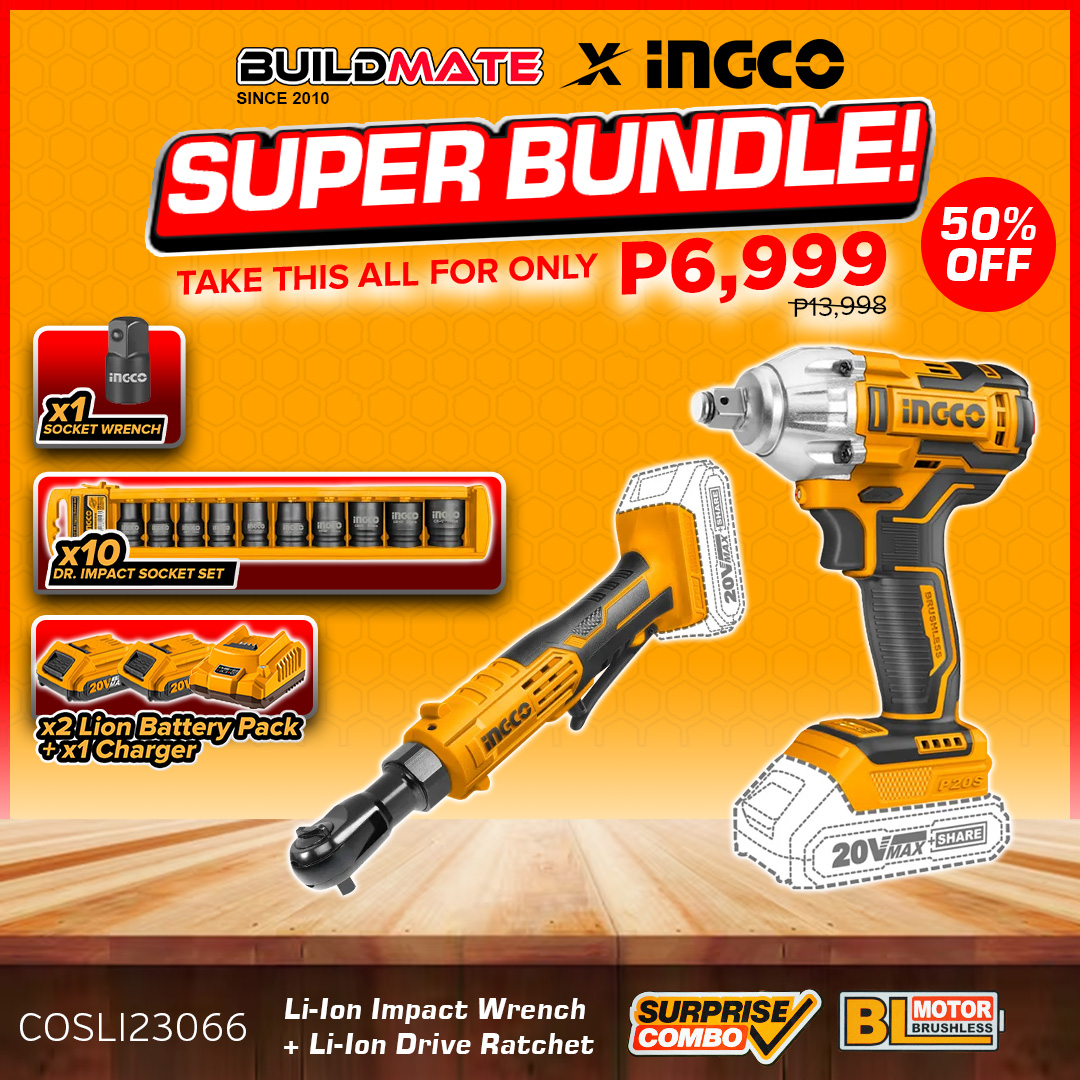 (EXCLUSIVE) BUILDMATE Ingco 2PCS/SET 20V Li-Ion Cordless Impact Wrench / Driver Ratchet Combo ...