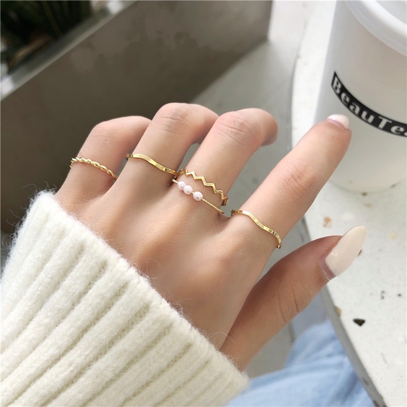 Japanese and Korean Simple Wave Ring Popular Ring Set 5 Pieces/set CM ...