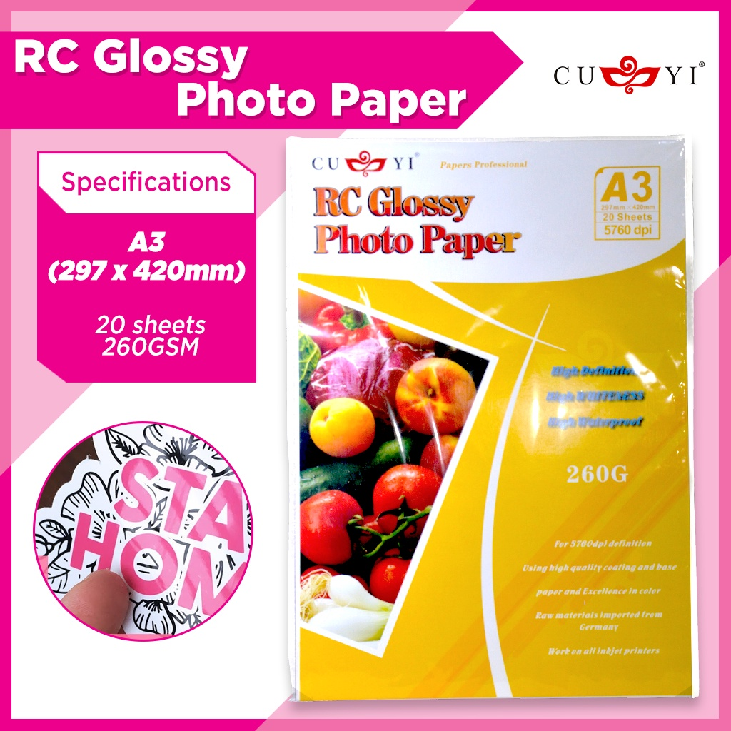 CUYI RC High Glossy Photo Paper 260Gsm A3 Size - 20 Sheets Pack | Lazada PH