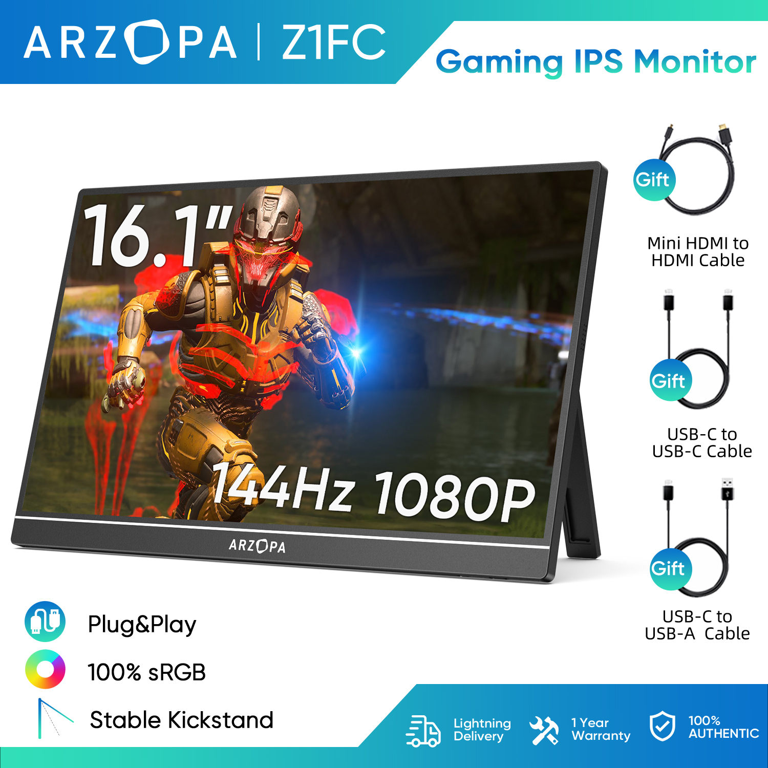ARZOPA 16.1'' 144Hz Portable Gaming Monitor, 100% sRGB, 1080P HDR with ...