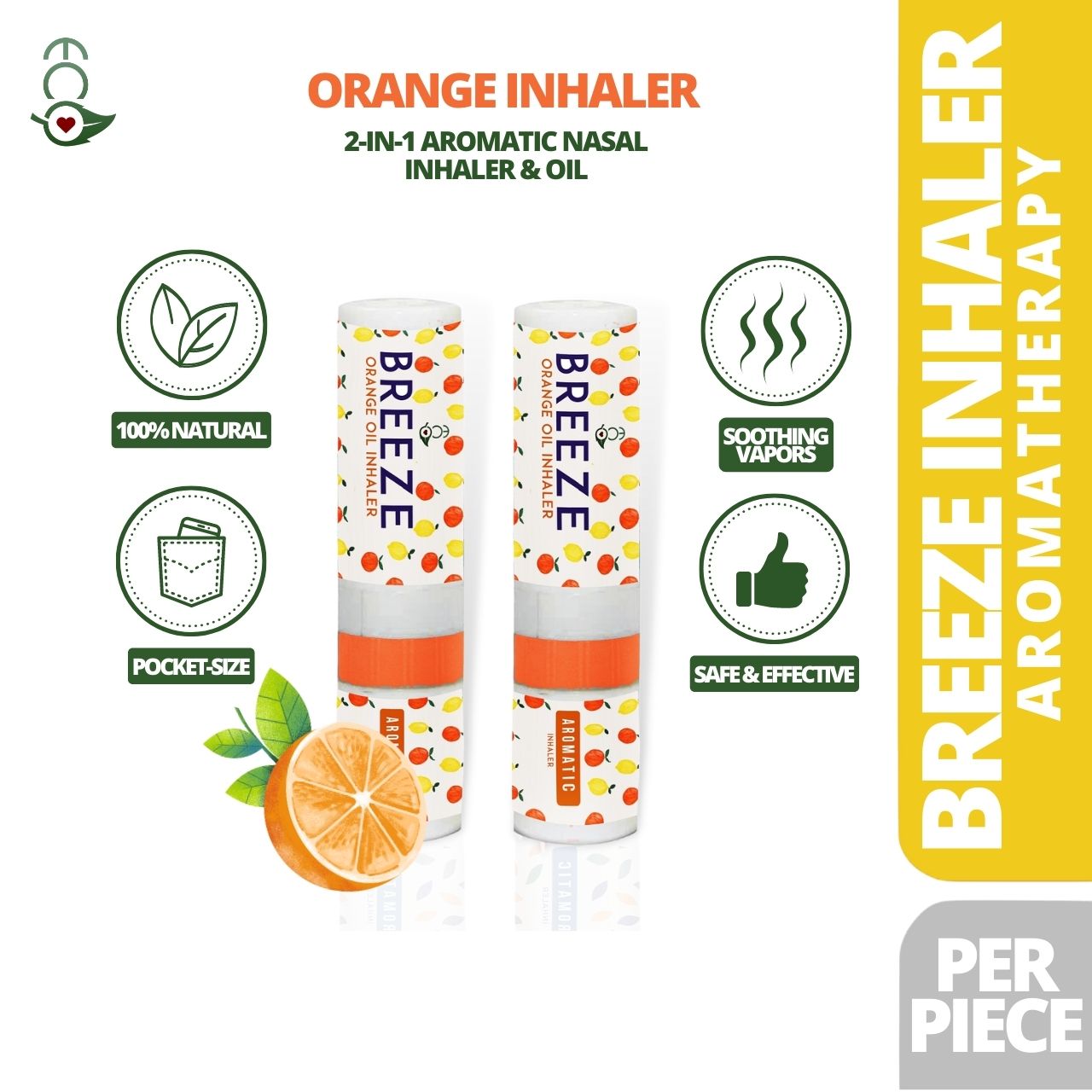 Eco Natural Breeze Orange Oil Aromatherapy Nasal Inhaler 2-in-1 ...