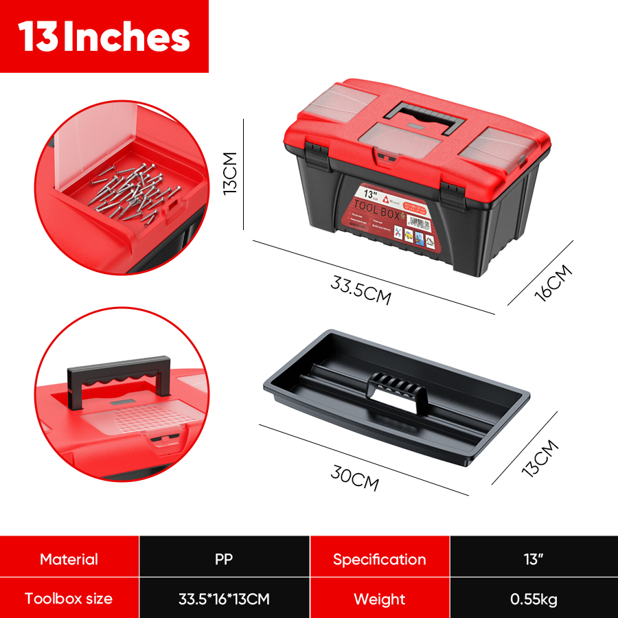 Mitushi 20"inch Plastic Tool Box Organizer with Tray Organizer Storage Box Metal Buckle Latches ...