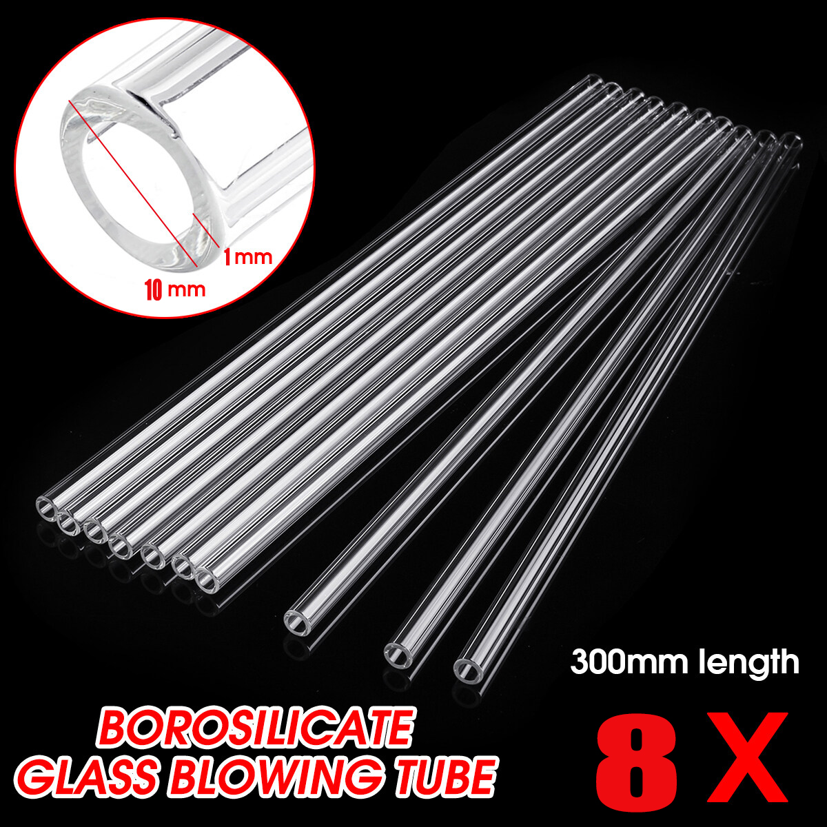 8Pcs 300mm Length OD 10mm 1mm Thick Wall Lab Borosilicate Glass Blowing ...