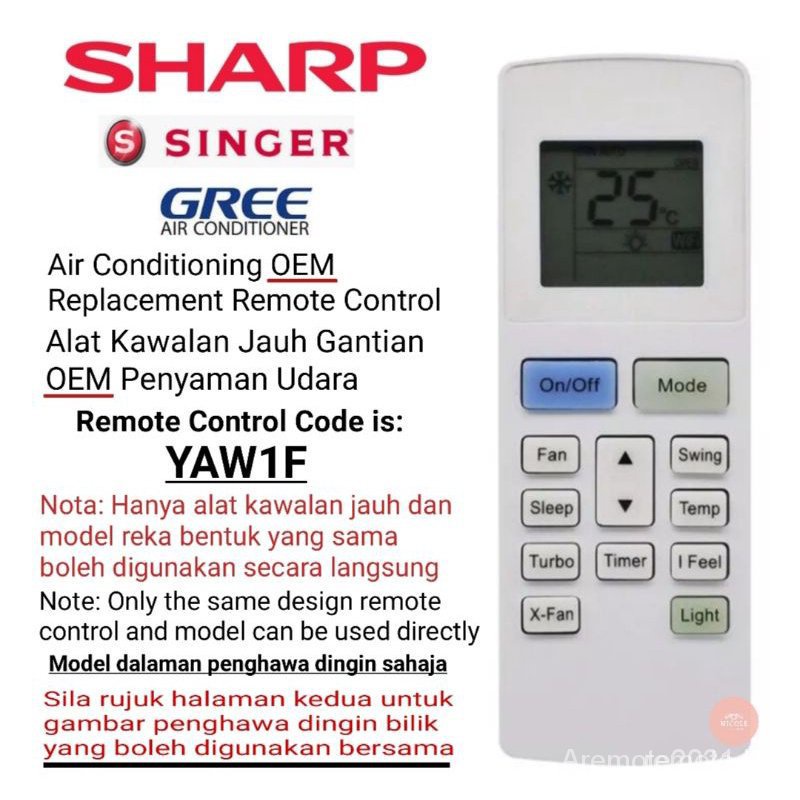 Sharp/Singer/Gree Aircond Air Conditioning Replacement Remote Control ...