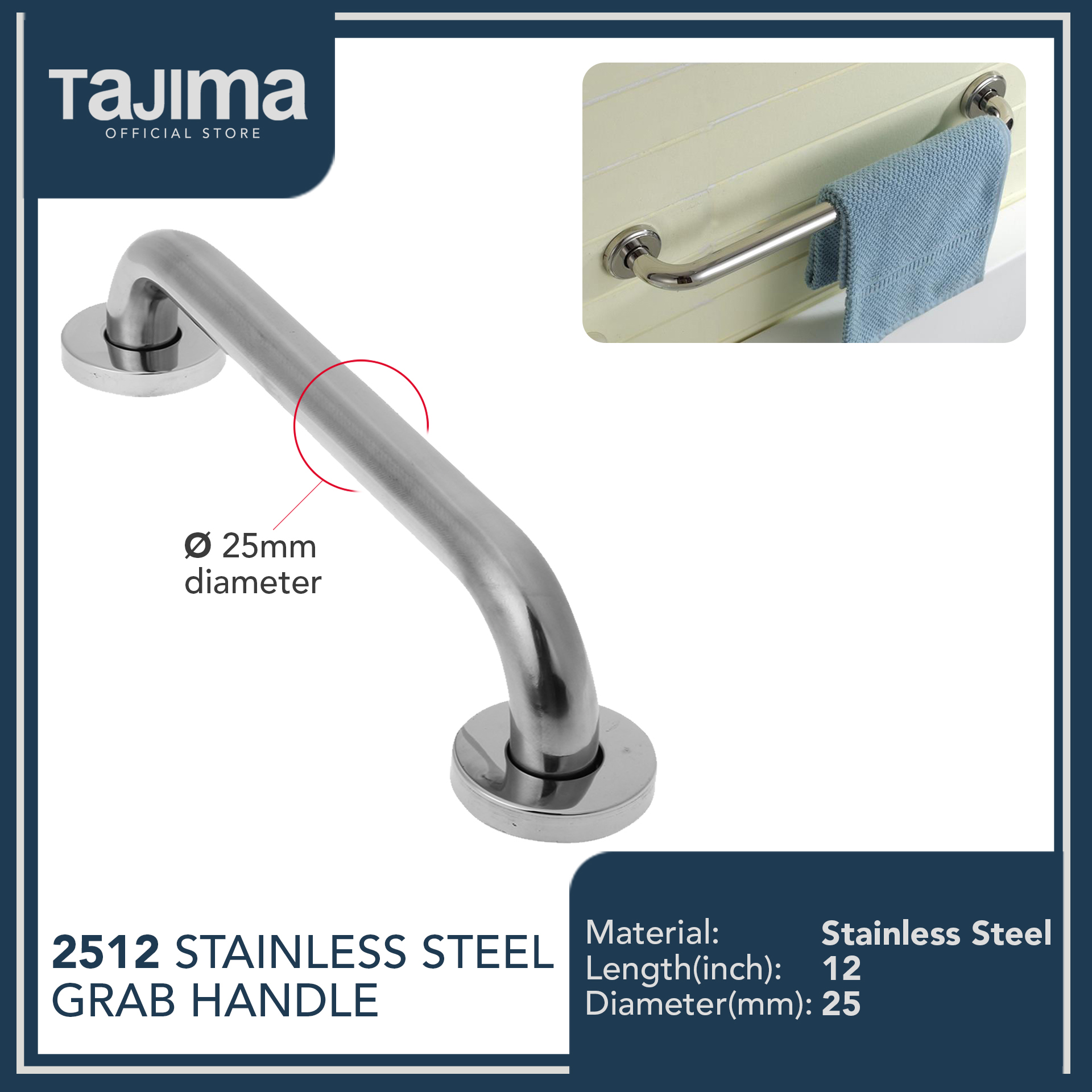 12 Stainless Steel 304 Grab Handle Bathroom Handrail Handy Cap PWD ...