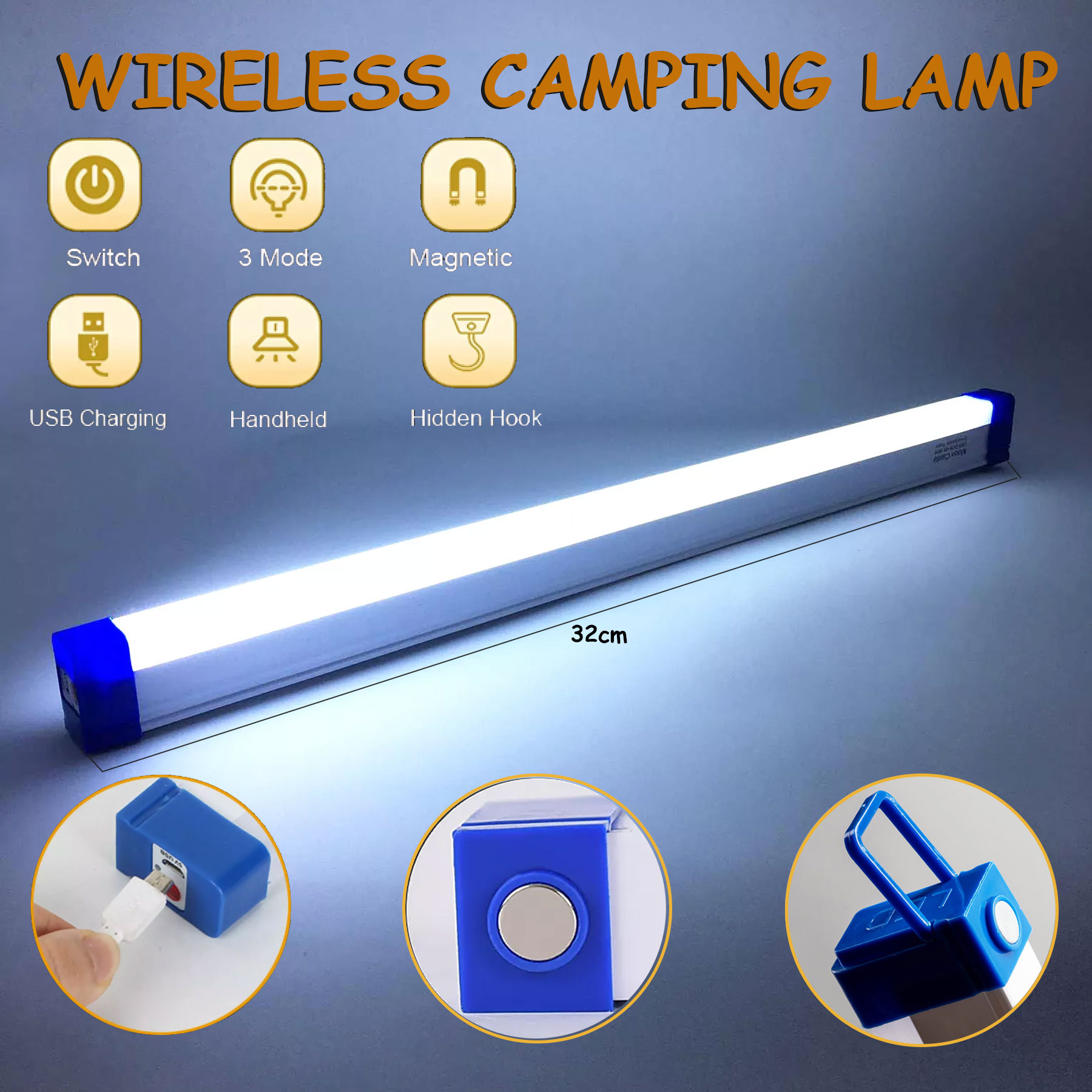 SH- 60W 3Modes Rechargeable Light LED Tube USB Lithium Battery Bulb ...