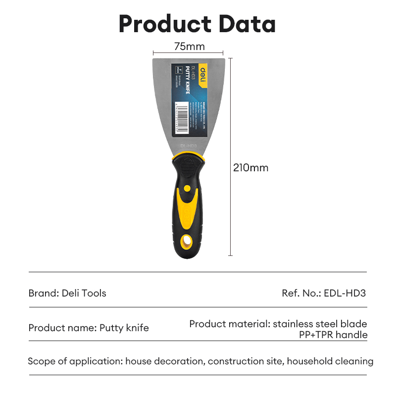 Deli Putty Trowel Scraper 2“ 3" 4" Stainless Scraper RUBBER Handle Putty Knife EDL-HD2 EDL-HD3 ...