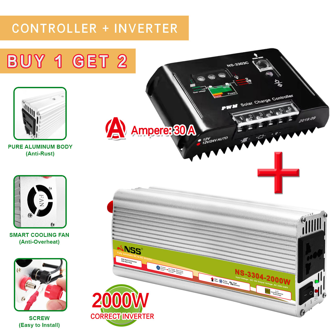 NSS Solar Inverter Set️2000w Solar Power System Four USB+50W Panels+30A ...