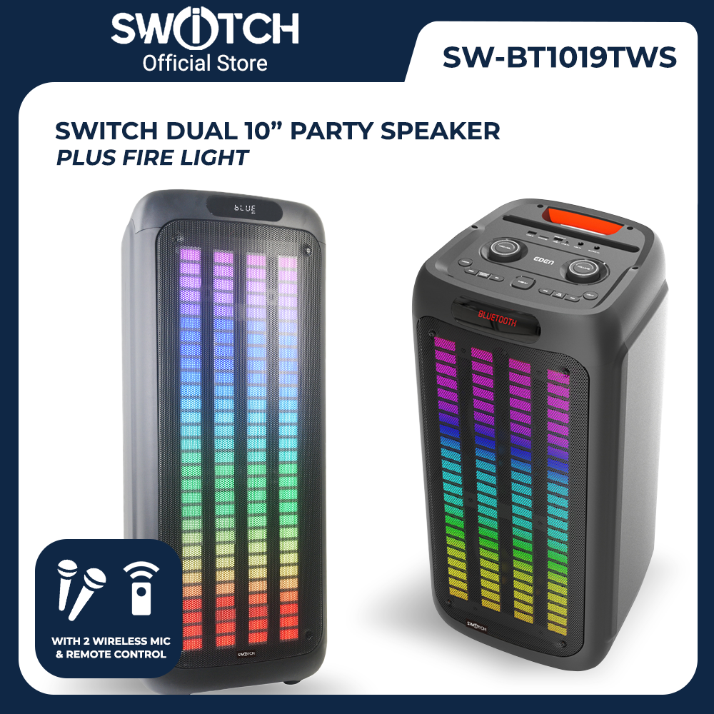 Switch Dual 10" Portable 5.0 TWS Bluetooth TWS Karaoke Party Speaker with Fire LED Lights AUX ...