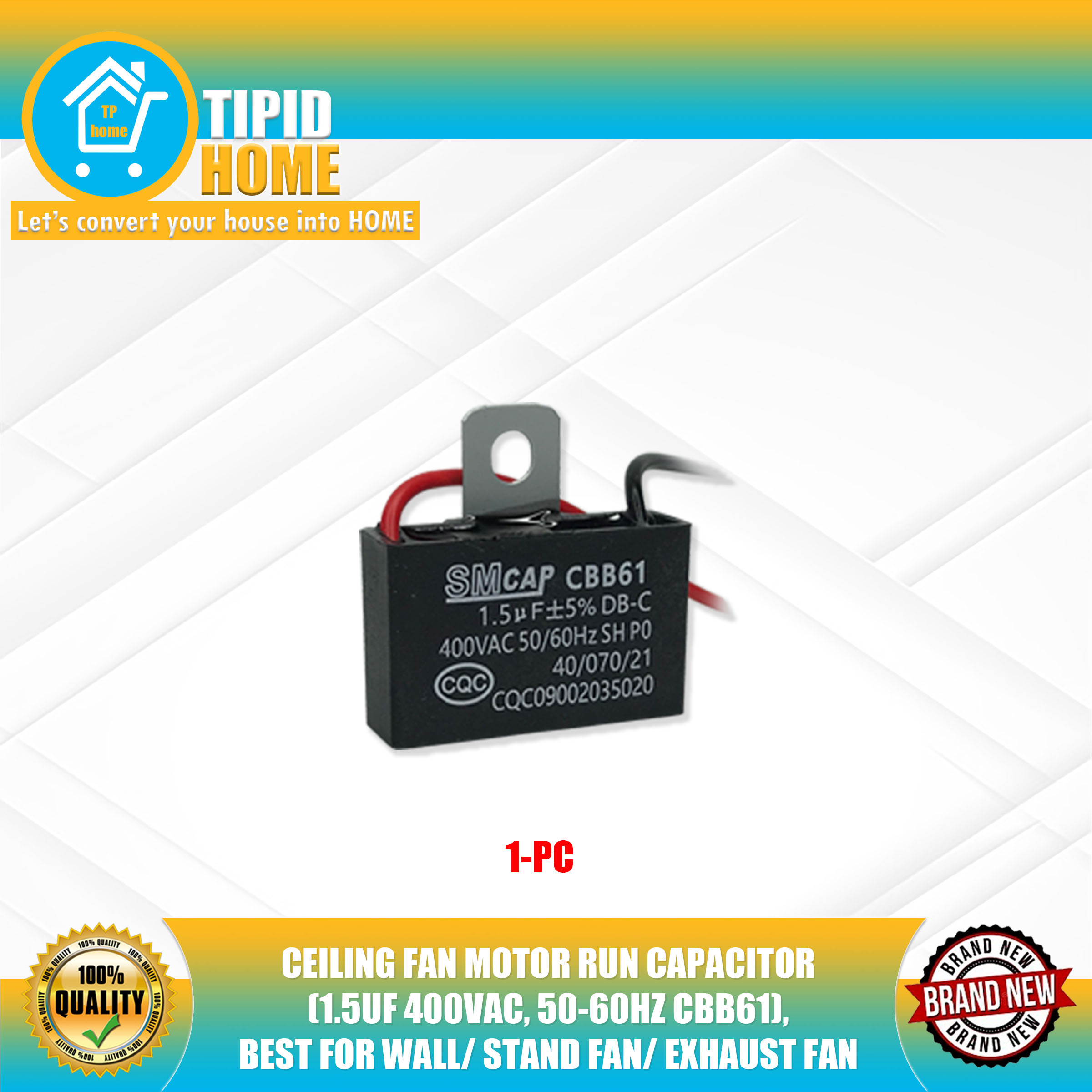 CEILING FAN MOTOR RUN CAPACITOR (1.5UF 400VAC, 50-60HZ CBB61), BEST FOR ...