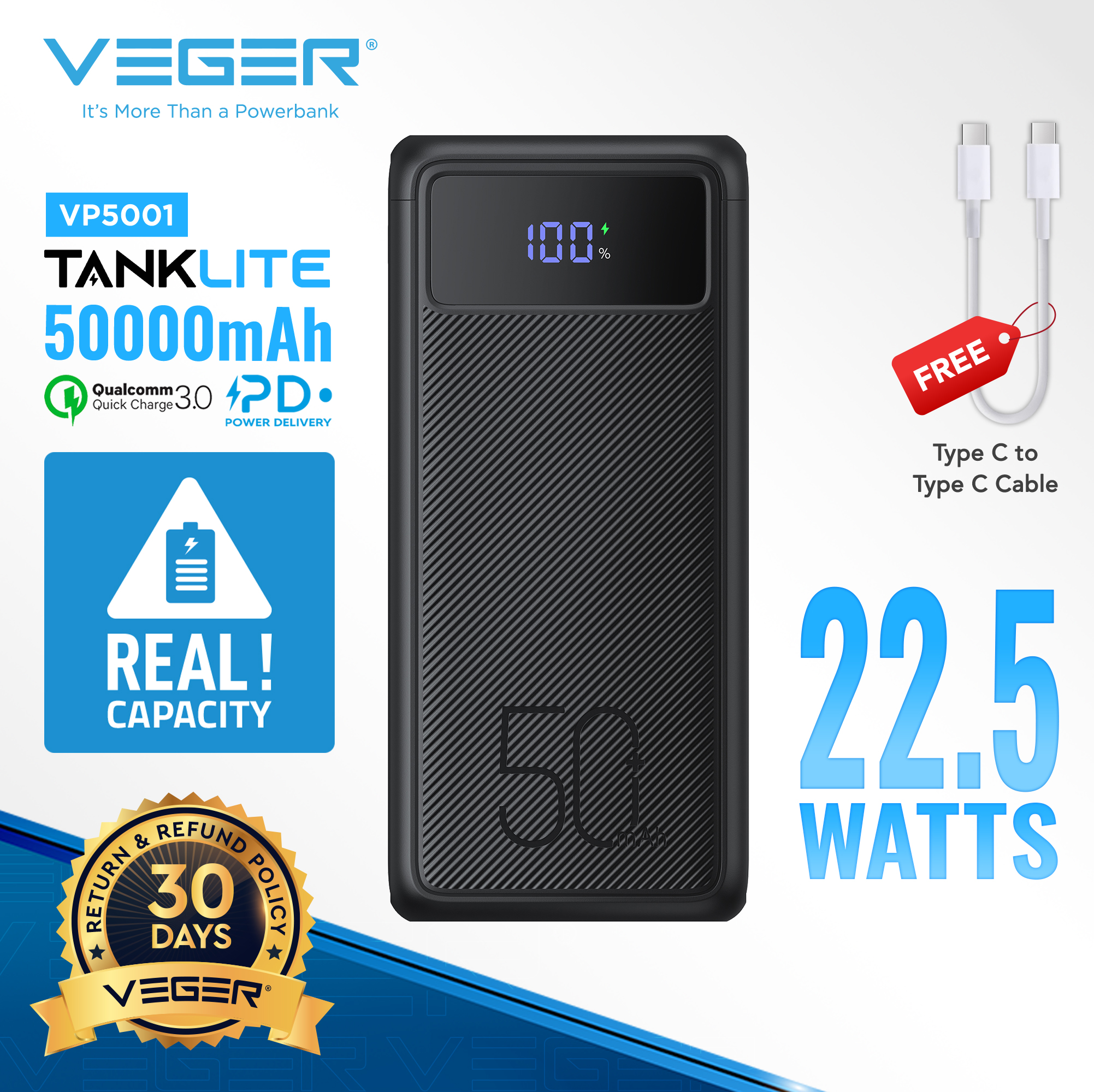VEGER VP5001 Tank Lite 50,000mAh Powerbank with 22.5W Maximum Output ...