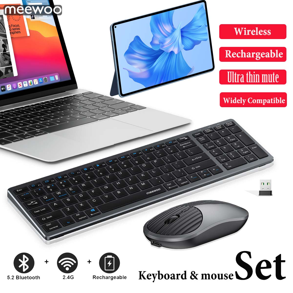 Meewoo Wireless Keyboard and Mouse Set Rechargeable Bluetooth Keyboard ...