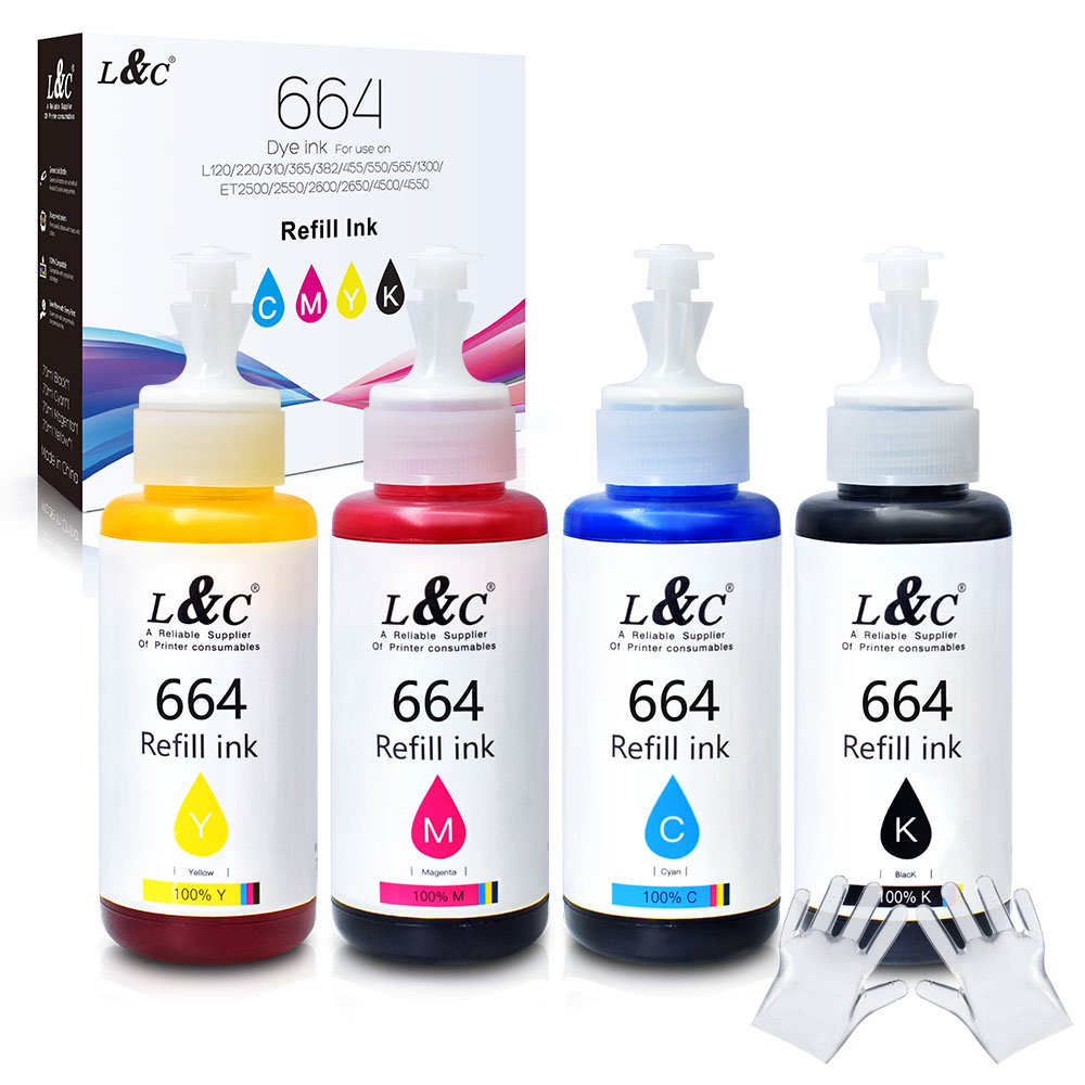 (4 bottles with gloves)L&C Original 664 Refill Ink Premium Ink Dye Ink ...