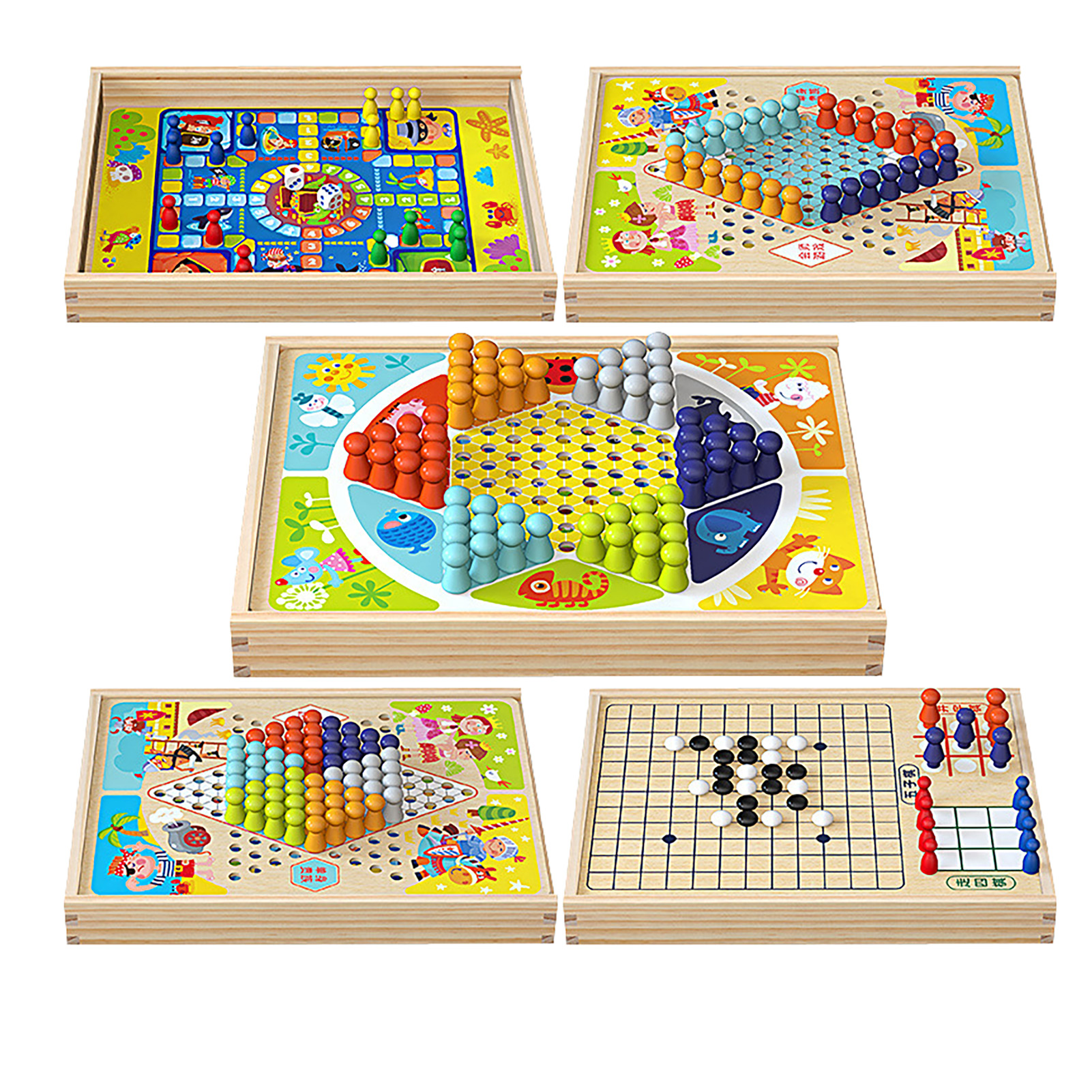 Board Game Chess Set 9-in-1 Portable Wooden Flying Chess Checkers ...