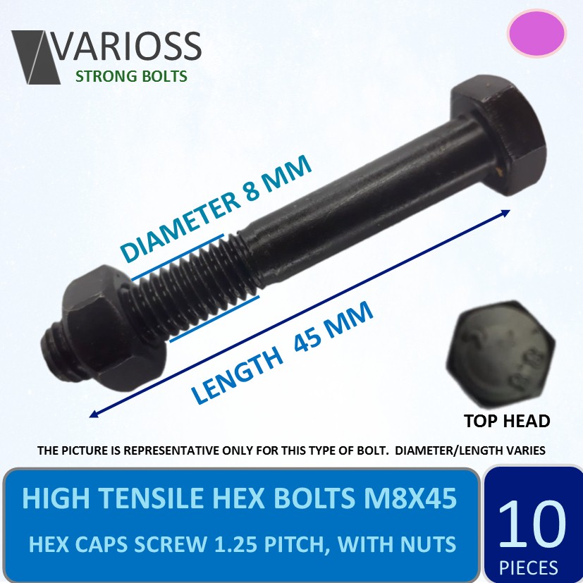 High Tensile Hex Bolts M8X45 - 10 pcs, 8 mm diameter x 45 mm length ...