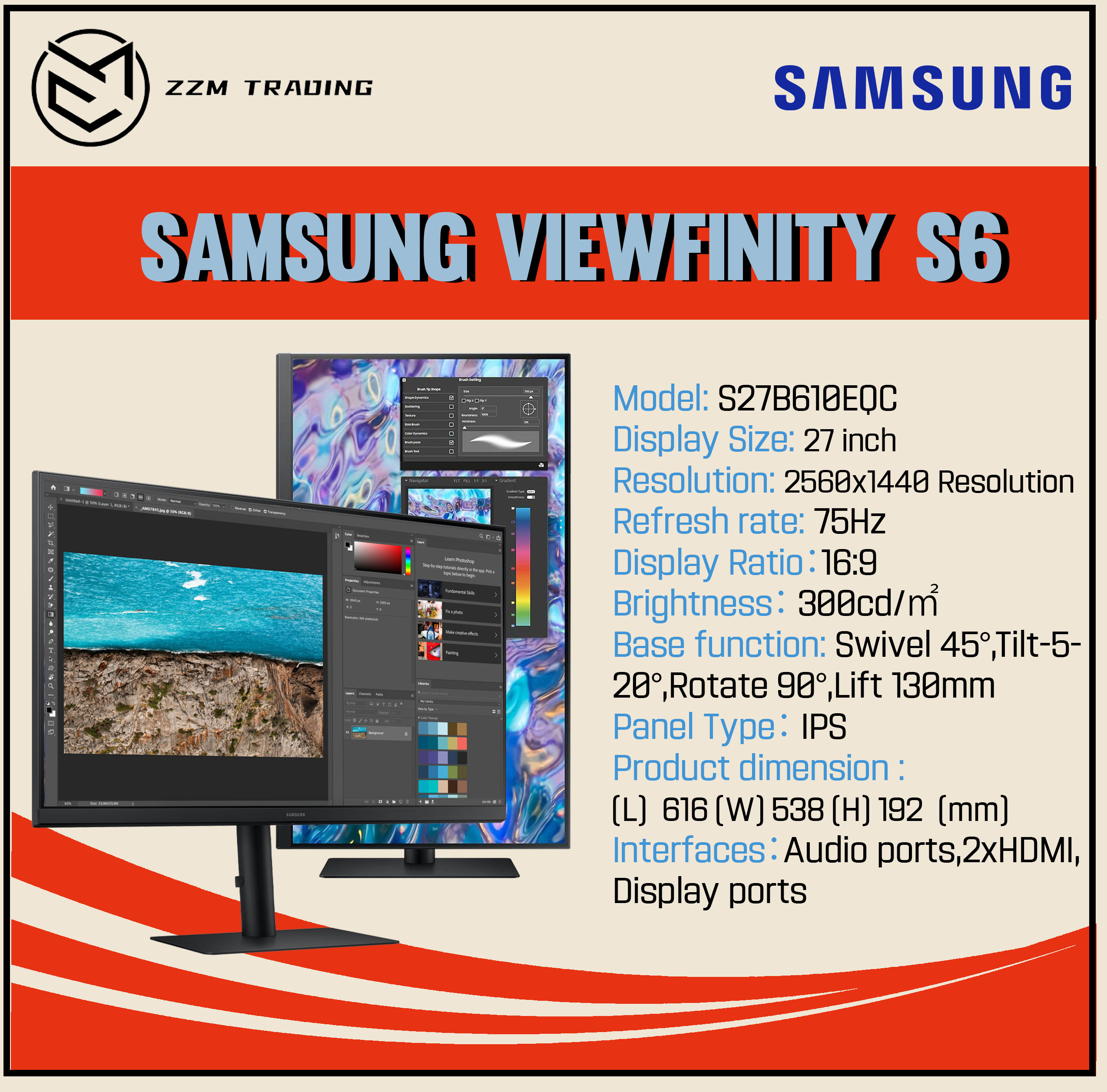 Samsung Viewfinity S6 Monitor 27" IPS 2560x1440 75Hz 300cd/㎡ 99%sRGB ...