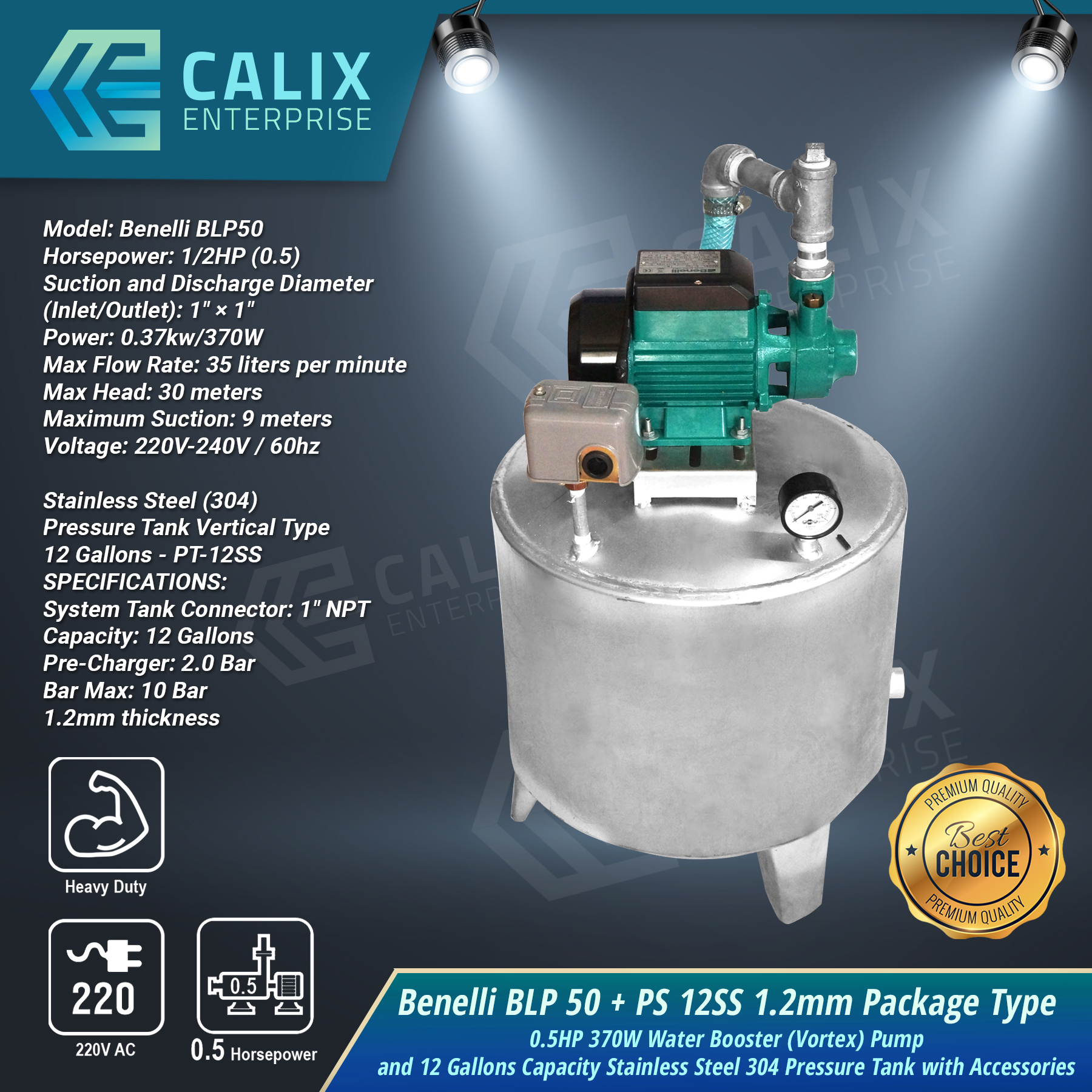 Peripheral Booster Vortex Water Pump 0.5HP 370W and Pressure Tank 12 ...