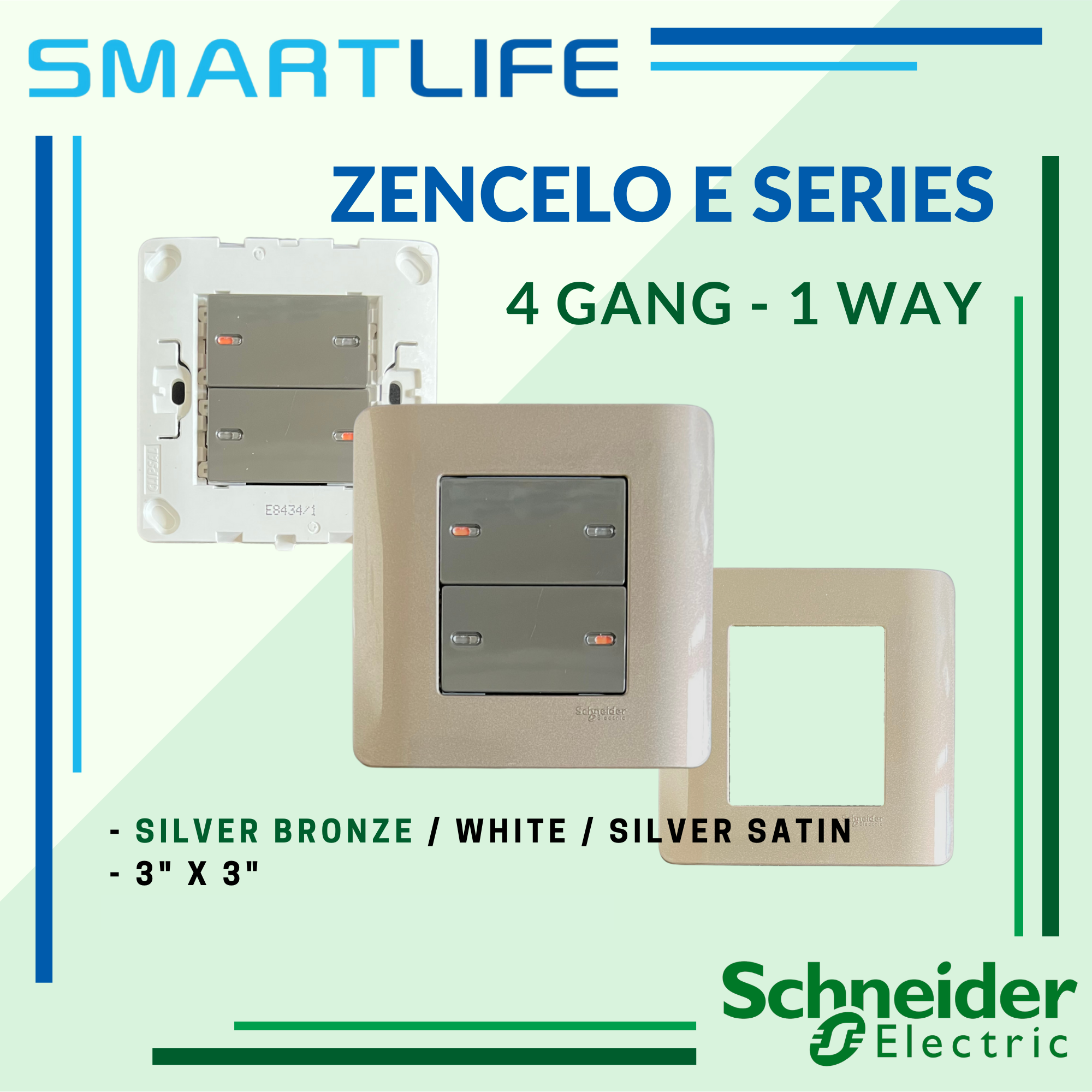 Schneider Zencelo E 3"x3" 16AX 4 Gang 1 Way Full-Flat Single Switch ...