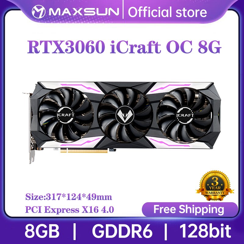 MAXSUN Graphics Cards Full New RTX 3060 Icraft OC 8GB GDDR6 GPU NVIDIA ...
