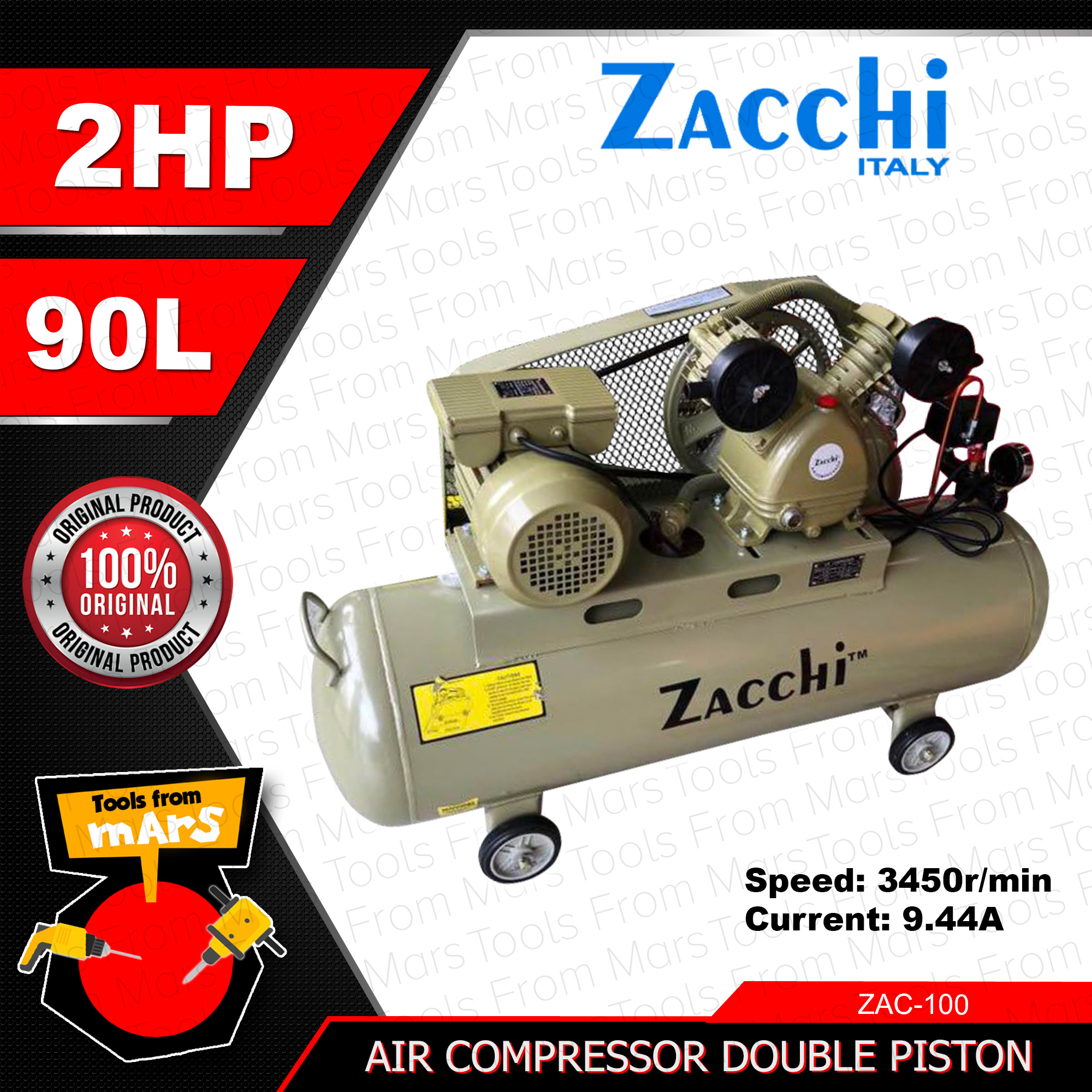 Zacchi Belt Driven Type Air Compressor 90L 2HP Double Piston Auto Air ...