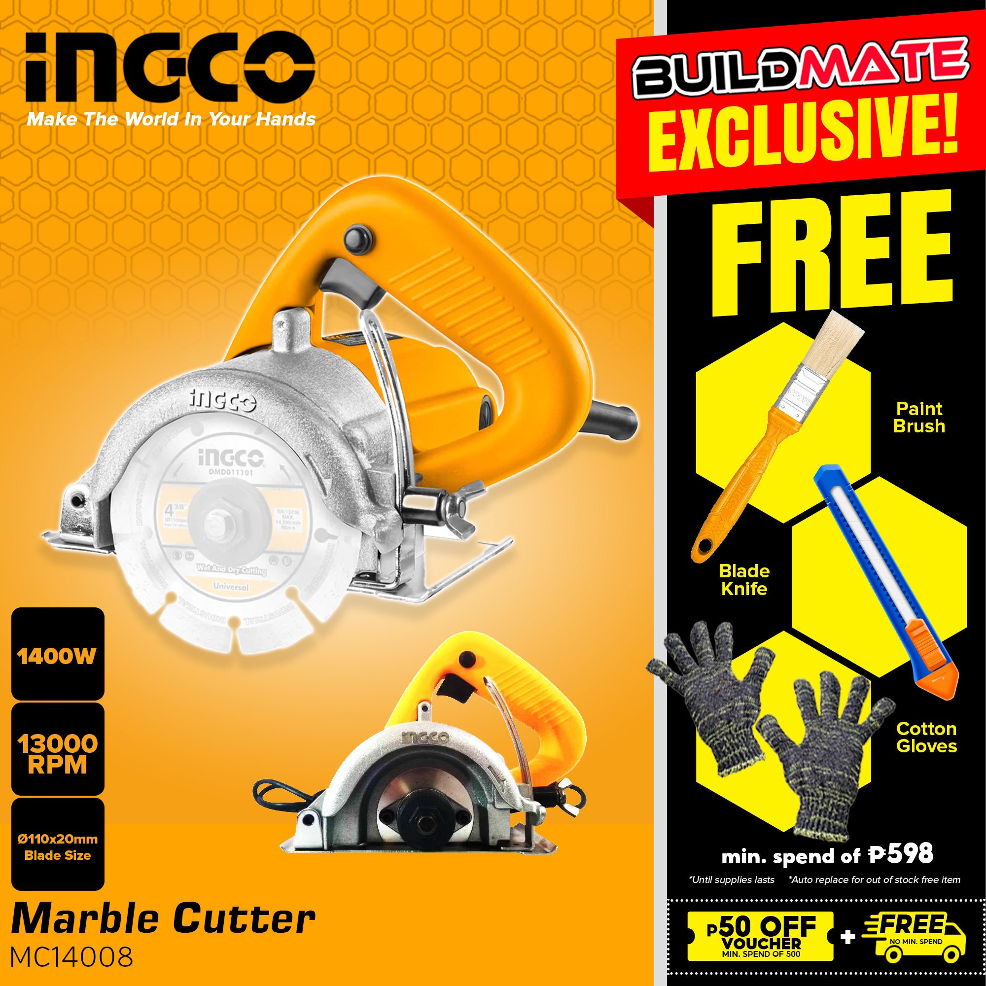 INGCO Marble Cutter 1400W MC14008 +FREE •BUILDMATE• IPT | Lazada PH