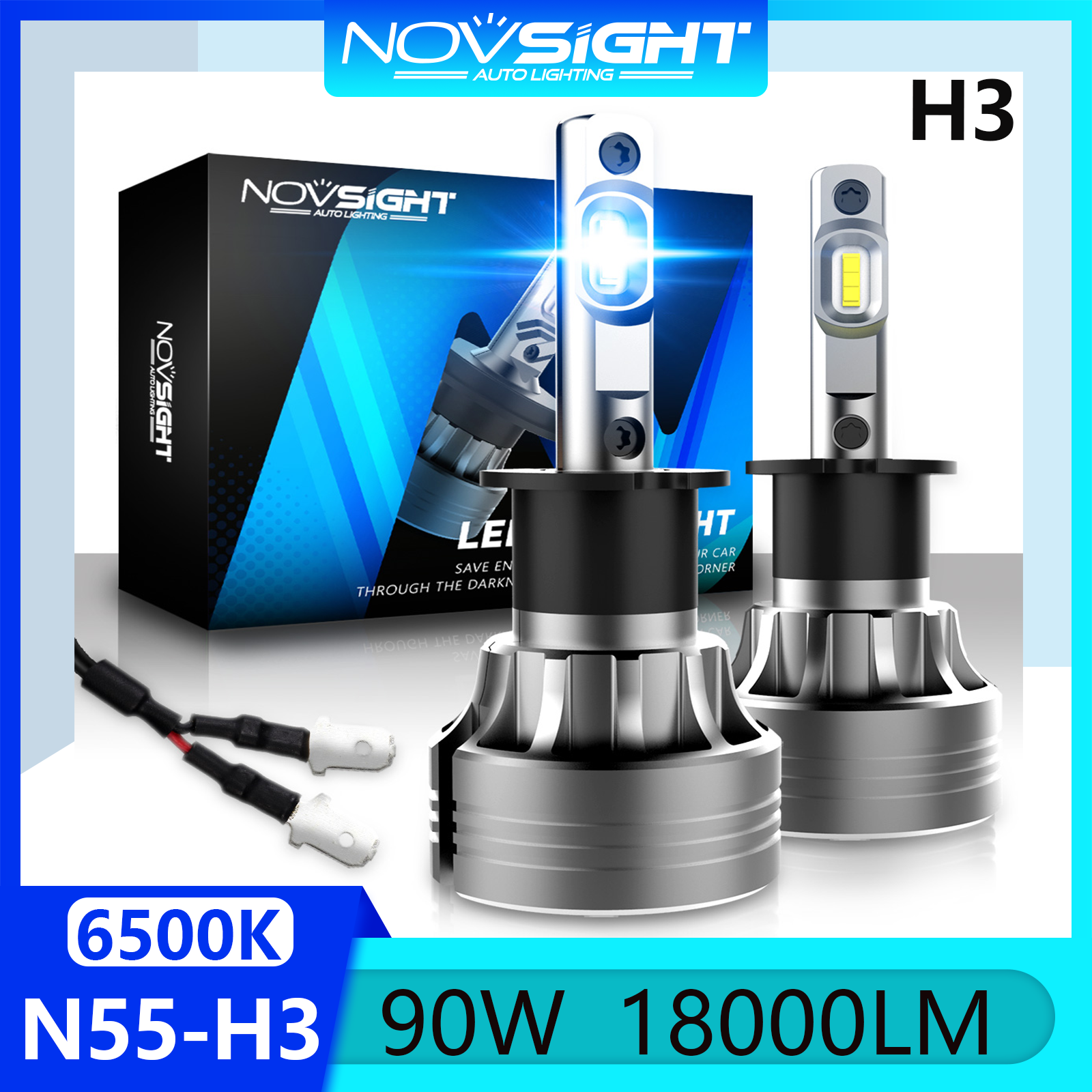 Novsight N55 H3 LED Headlight Bulbs Kit 6500K Super Bright 90W 18000LM LED Lights for Car High ...