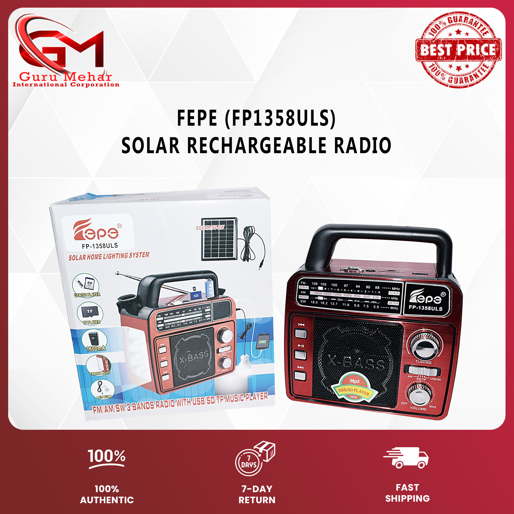 FEPE (FP1358ULS) - Solar Rechargeable Radio with (FM/AM/SW/3-Band Radio ...