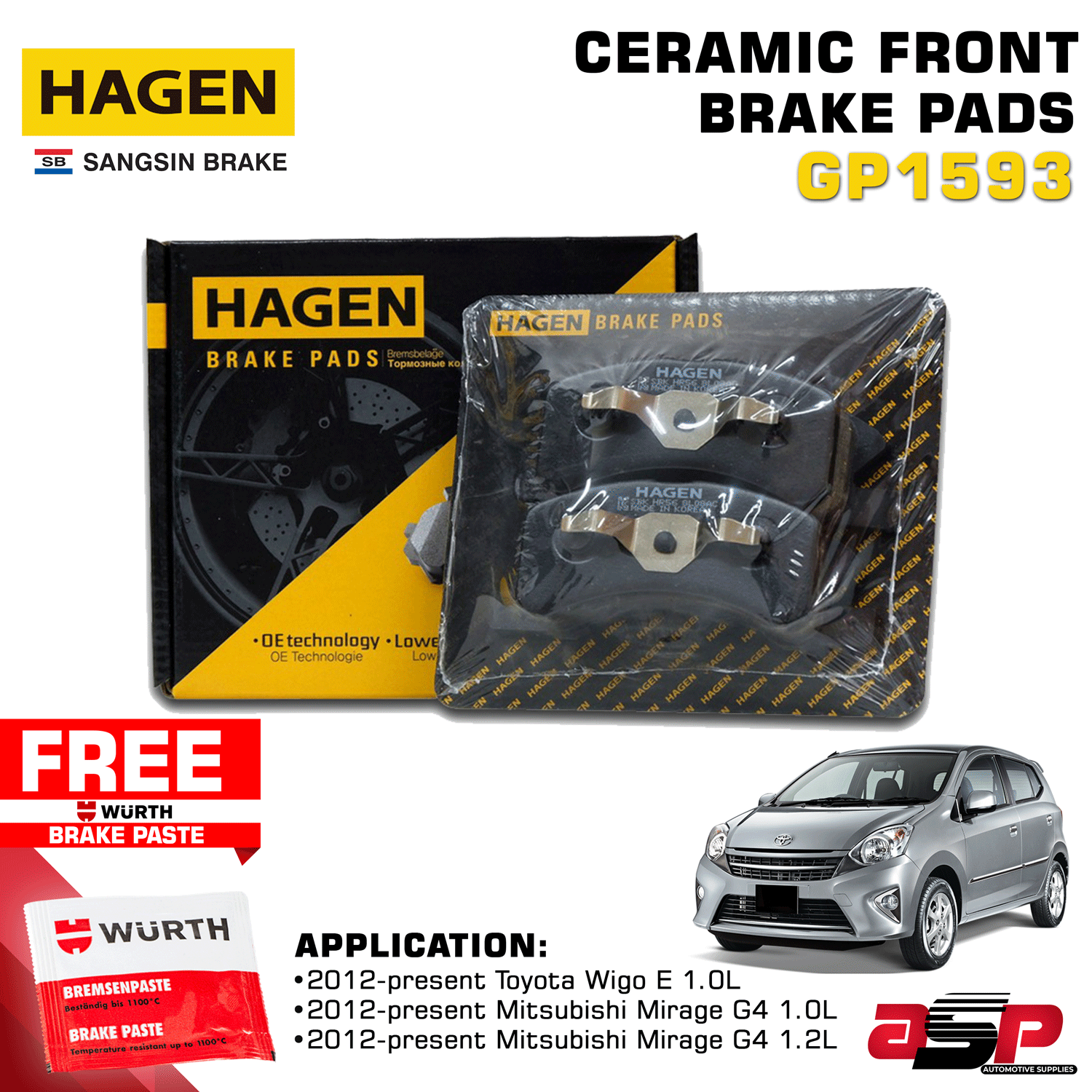 Hagen by Hi-Q Ceramic Brake Pads for 2012-present Toyota Wigo E GP1593 ...