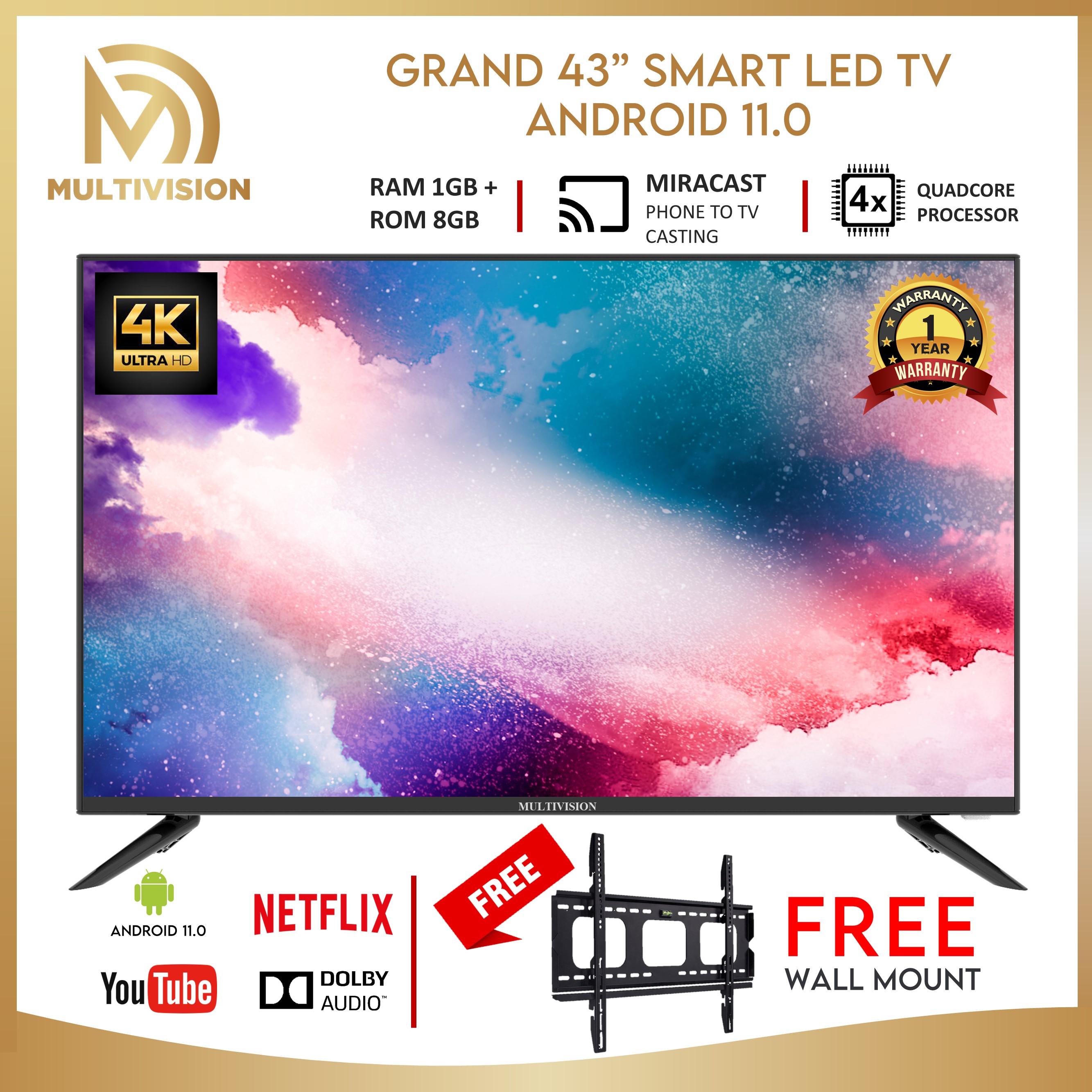 Multivision 43" Android 11.0 Smart LED TV, Netflix, Smart HDR, Dolby ...